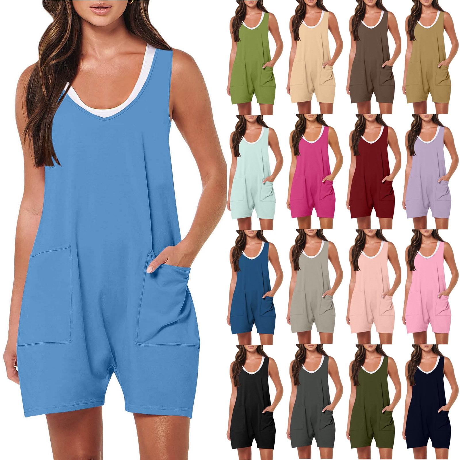 JSKUMAR Sleeveless Short Romper Jumpsuits for Women, Ribbed Cotton Blue ...