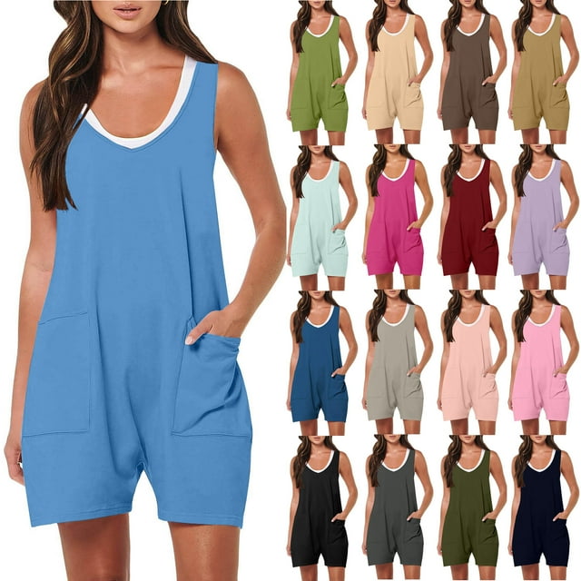 Short Romper Jumpsuits for Women Shorts Summer 2024 Casual Loose Sleeveless Tank Overalls ...