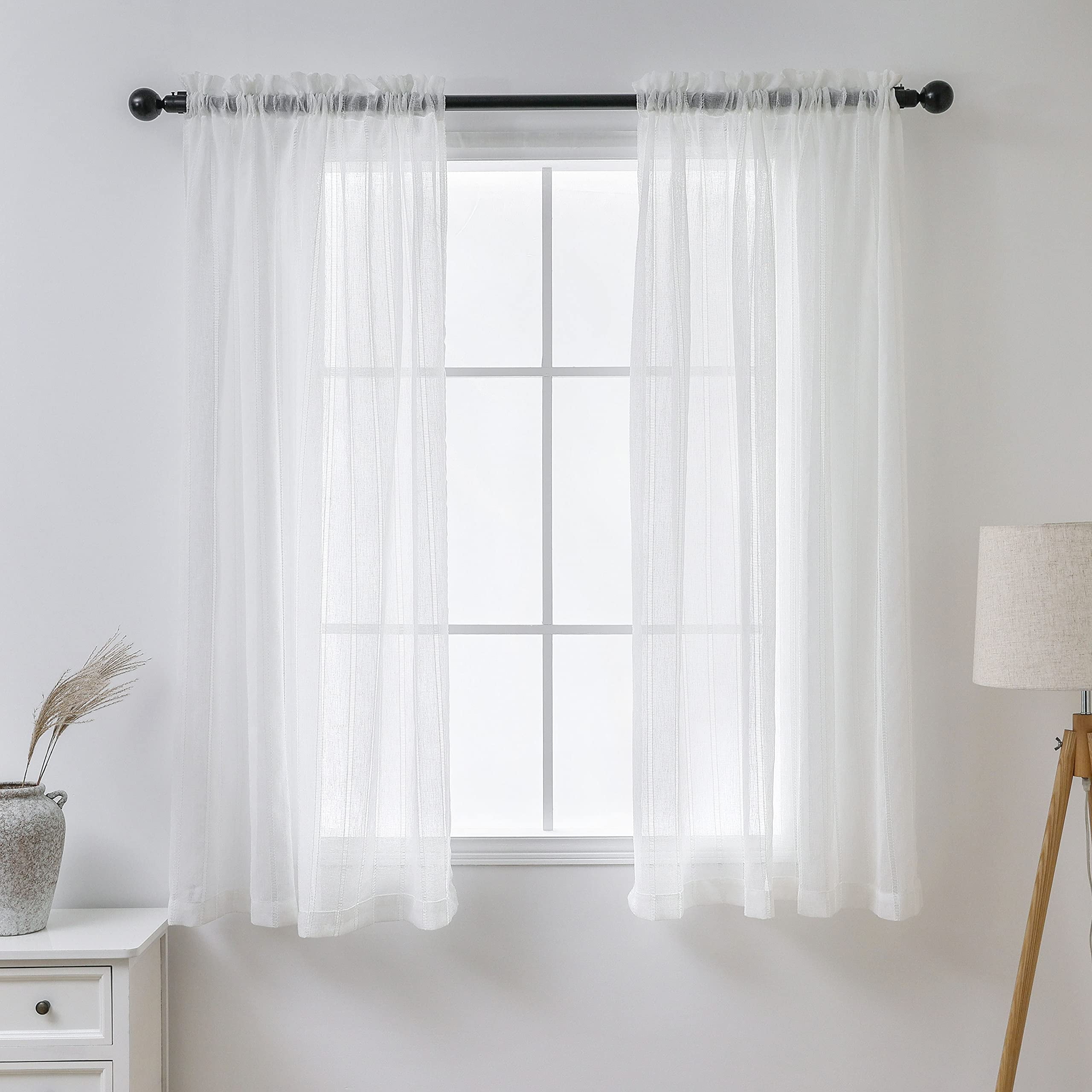 Short Semi Sheer Curtains Striped Window Voile Panels for Bedroom ...