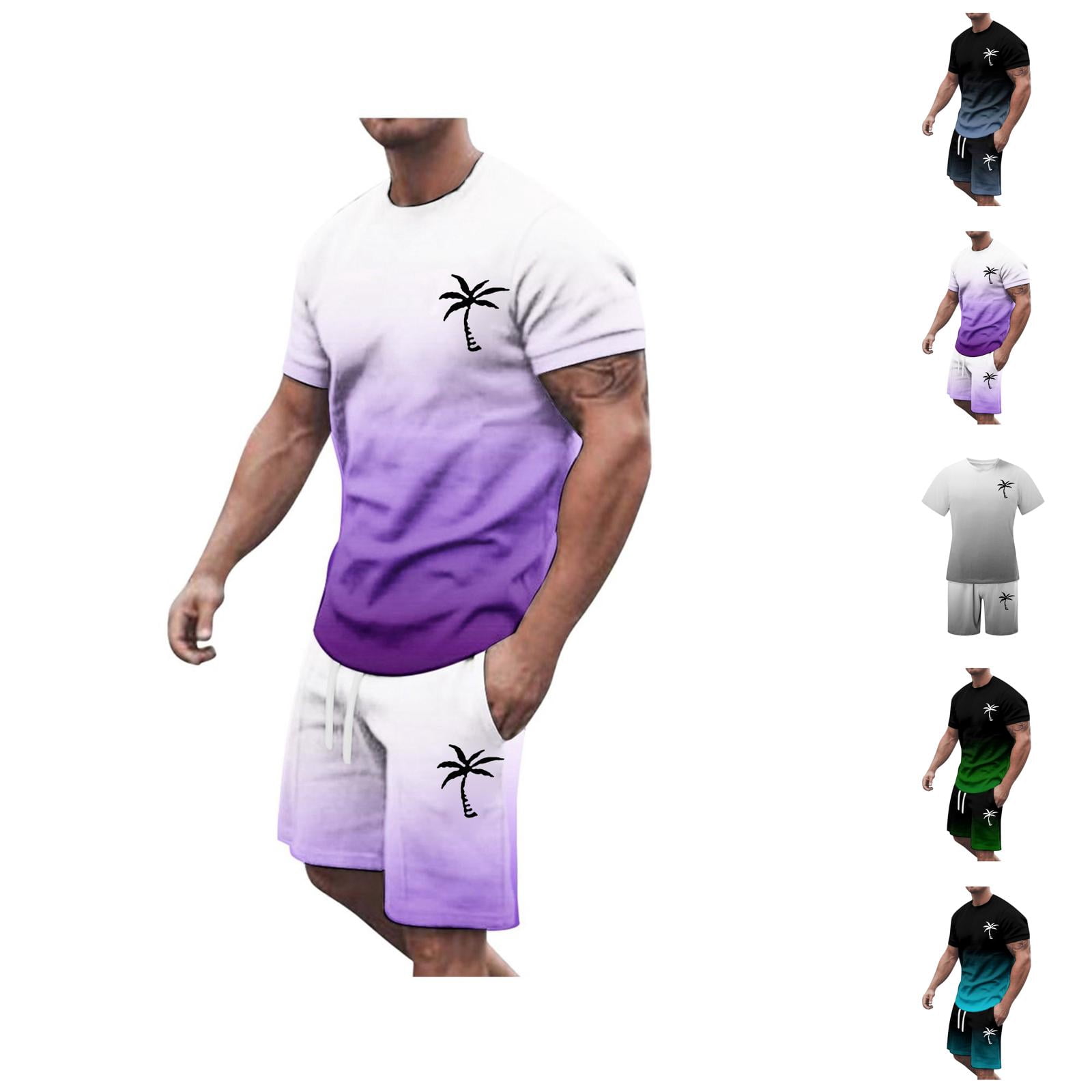 Short Sets for Men Coconut Tree Print Gradient Color T Shirt and Shorts ...