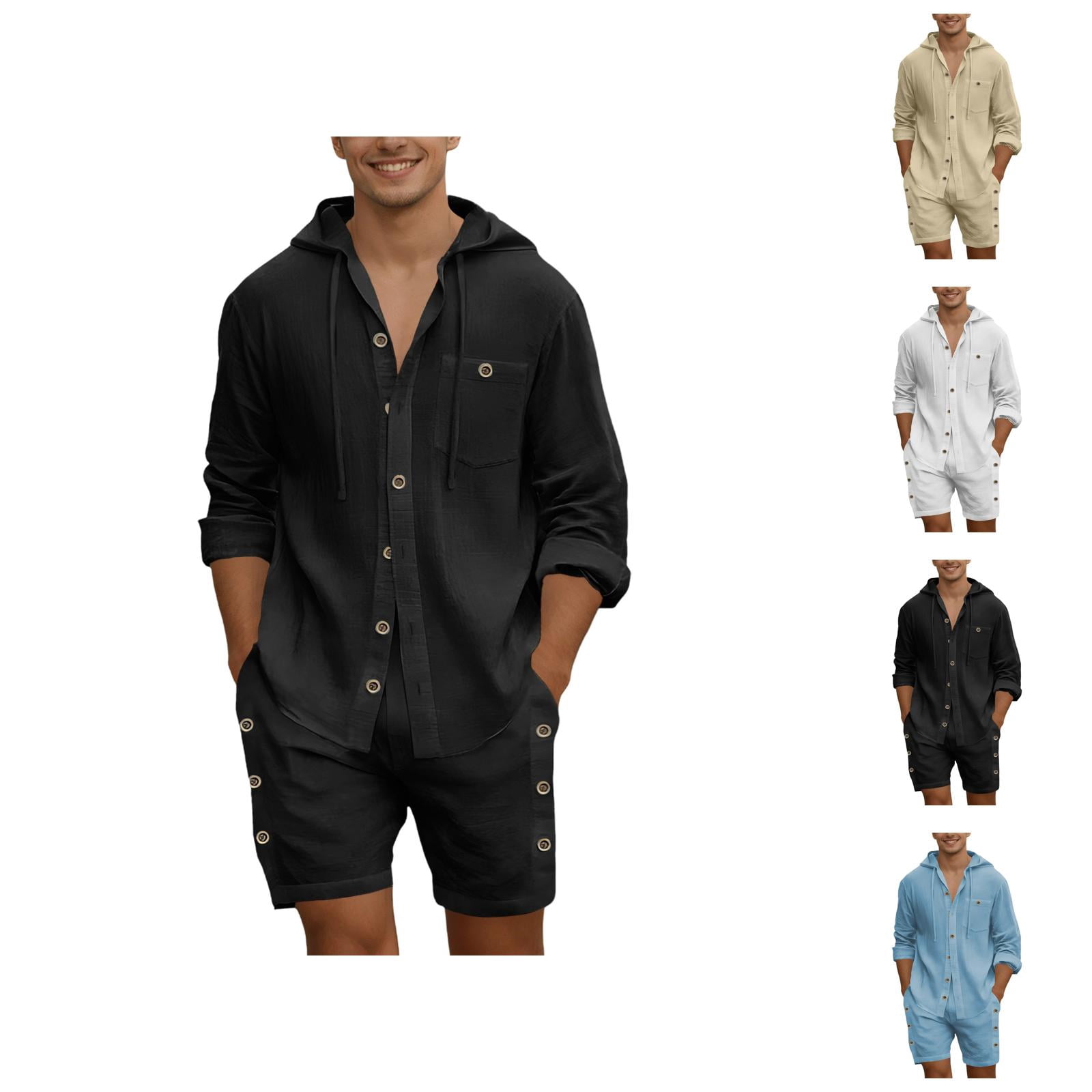 Short Sets for Men Cotton Linen Long Sleeve Button Hooded Shirt and ...