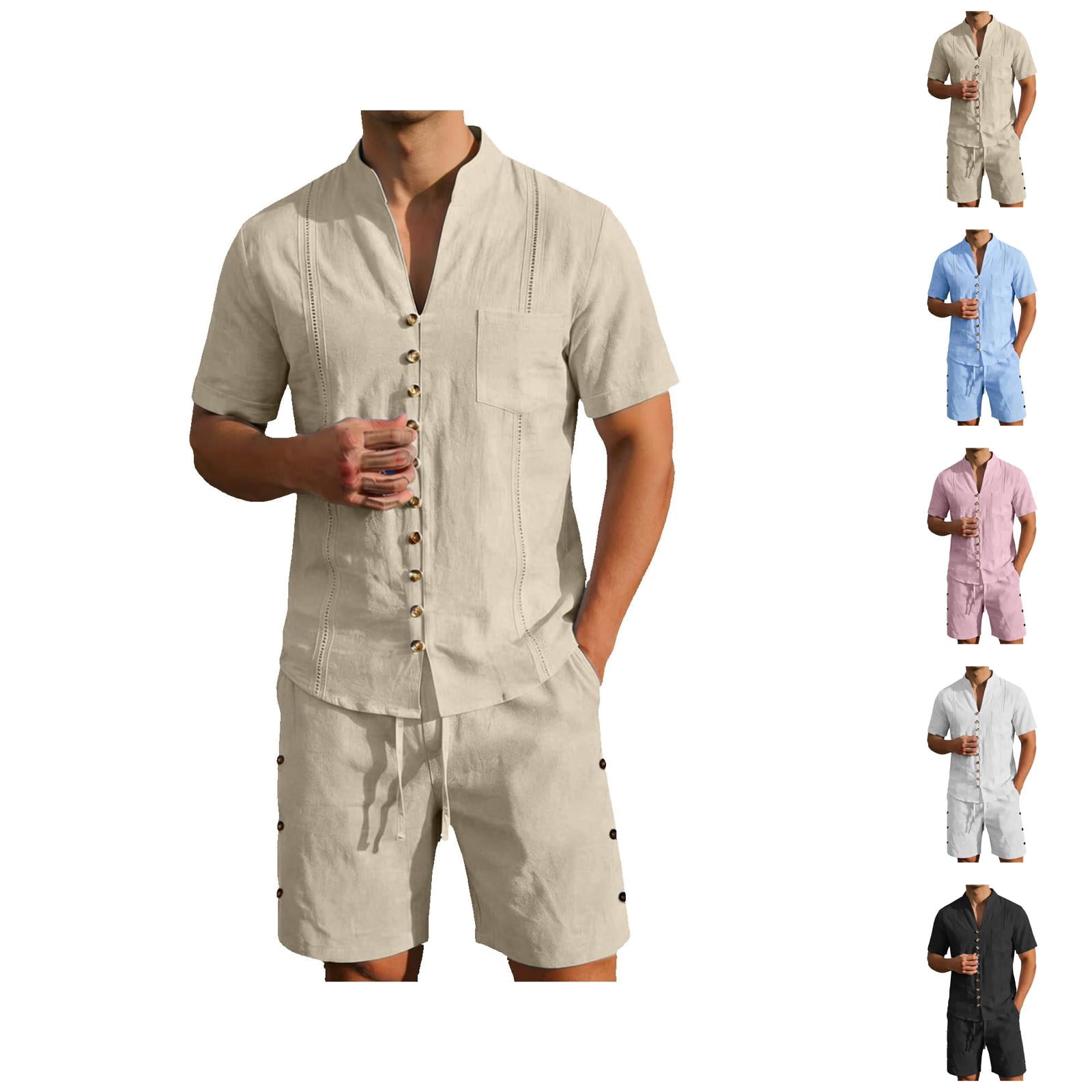 Short Sets for Men Cotton Linen Short Sleeve Button V Neck Stand Collar ...