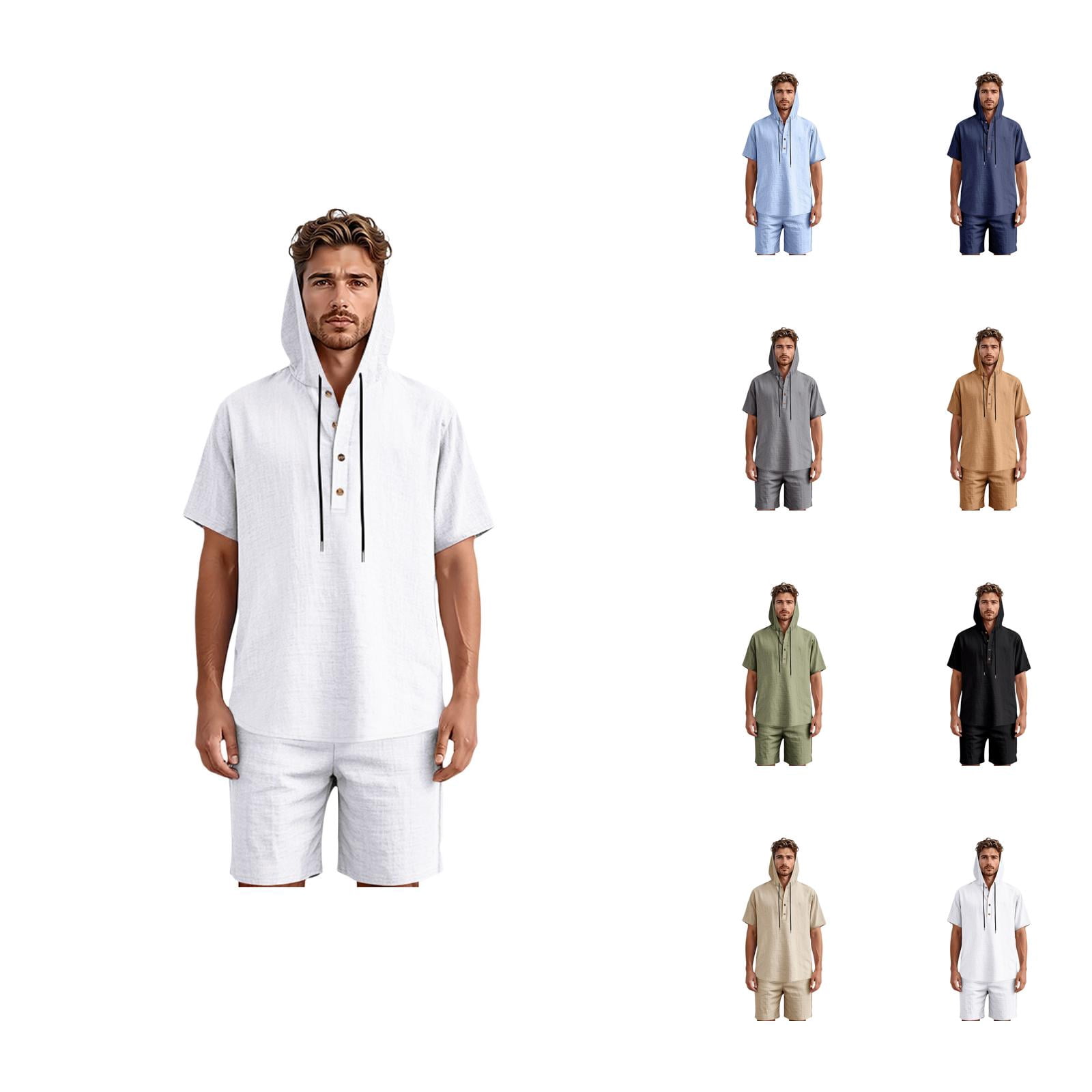Short Sets for Men Cotton Linen Short Sleeve Hooded T Shirt and Shorts ...