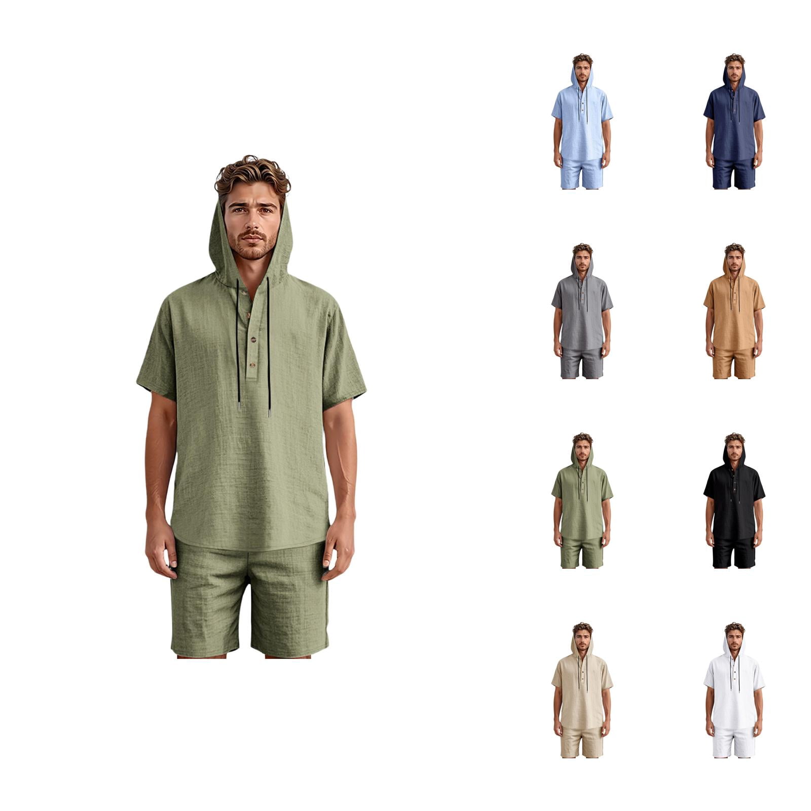 Short Sets for Men Cotton Linen Short Sleeve Hooded T Shirt and Shorts ...