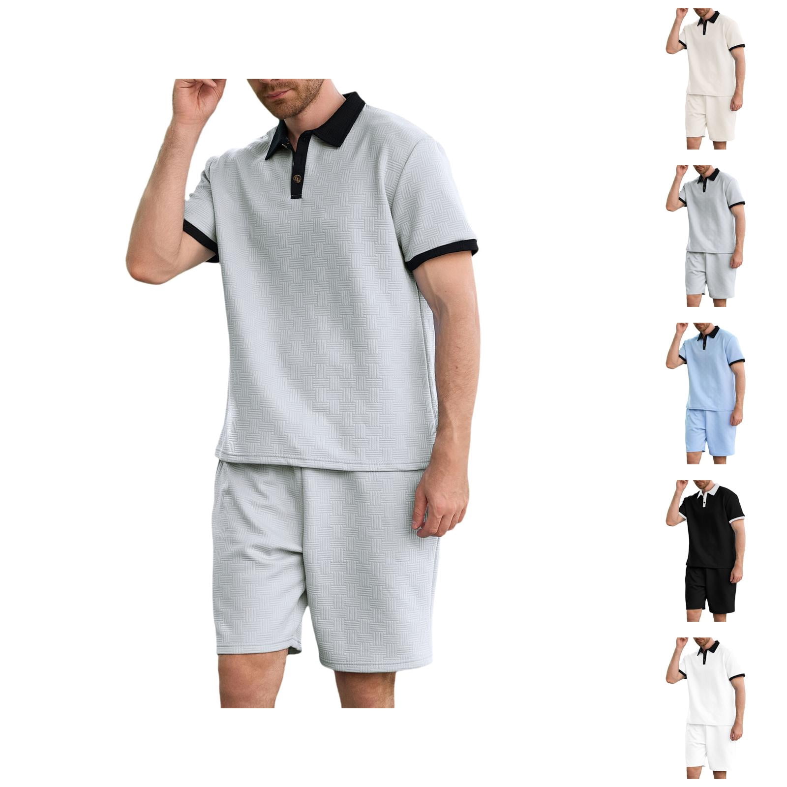 Short Sets for Men Textured Color Block Short Sleeve Polo Shirt and ...