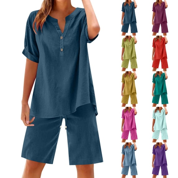 Short Sets for Women 2 Peice Outfits Short Sleeve Cotton Linen Shirts ...