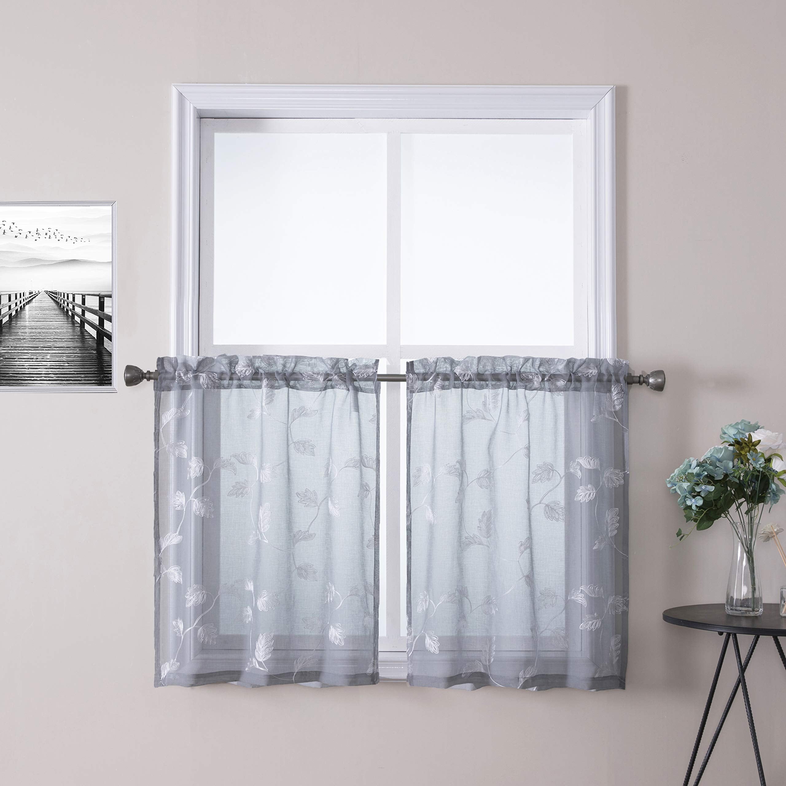 Short Sheer Curtains 45 inch, Floral Embroidered Faux Linen Textured ...