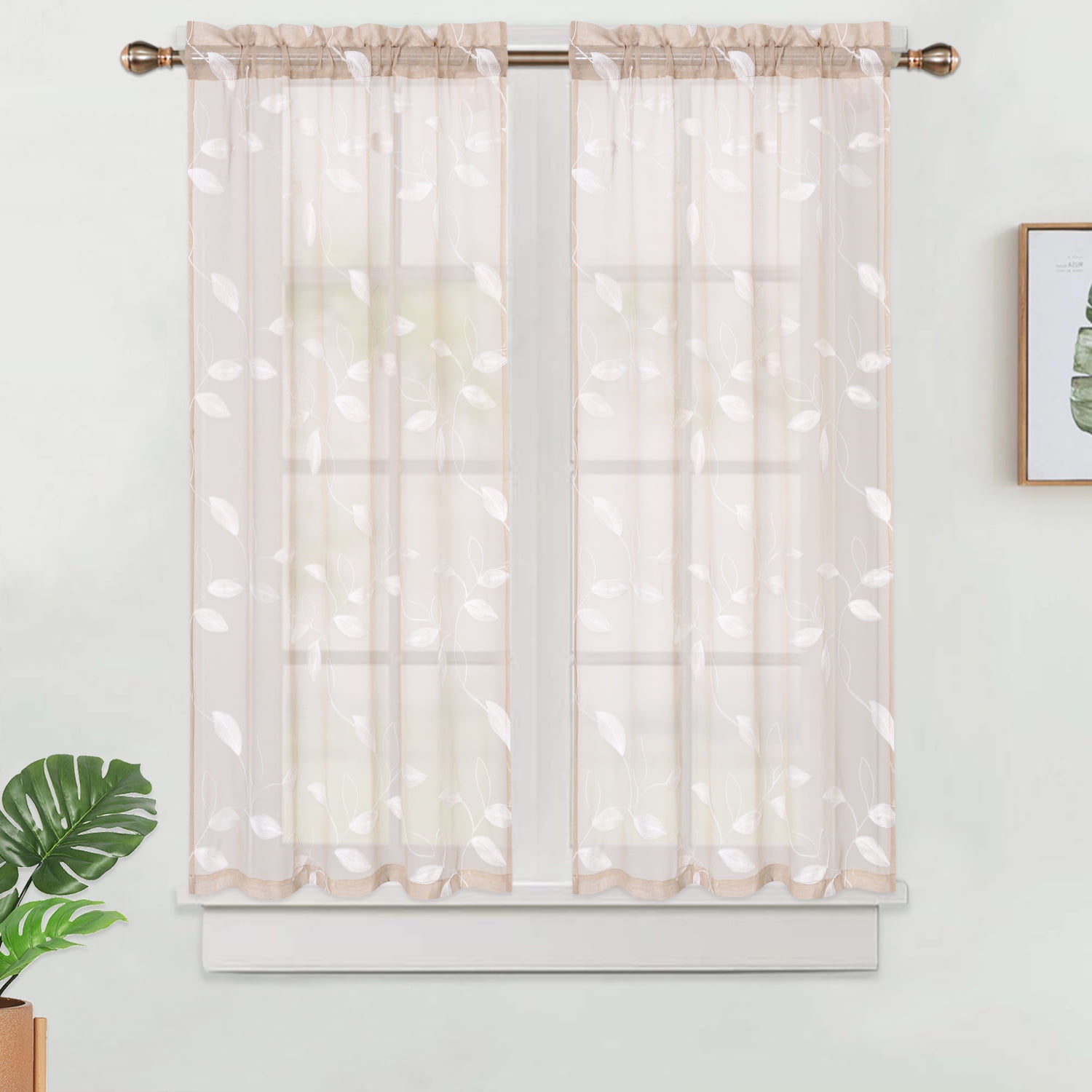 Short Sheer Kitchen Tier Curtains with Floral Embroidery and Faux Linen ...