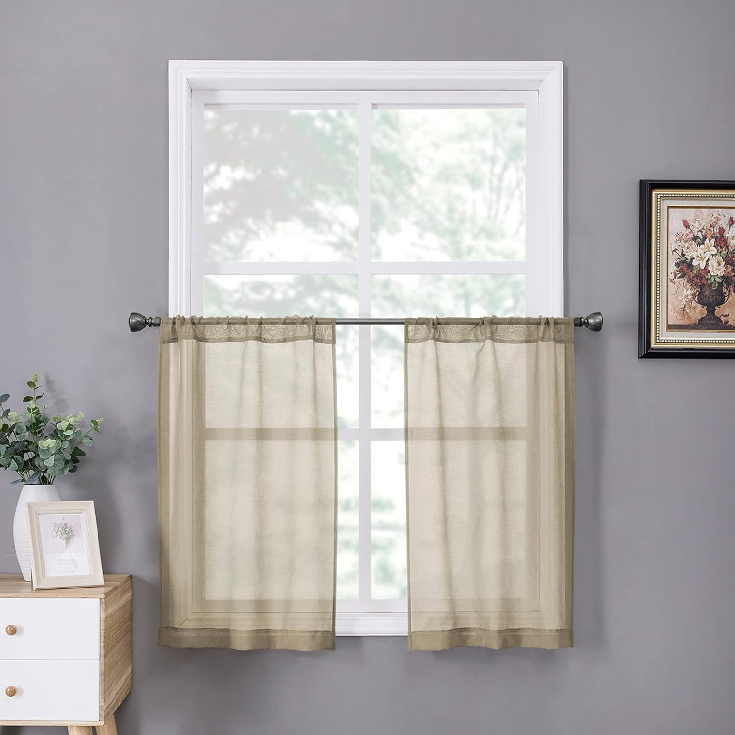 Short Sheer Tier Curtains Linen Textured Half Kitchen Curtain Sheers ...