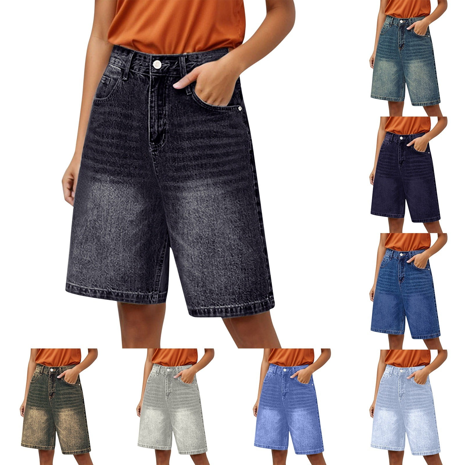 Short Shorts Ladies Loose Fit Vintage Denim Mid Length Shorts 5 Pocket ...