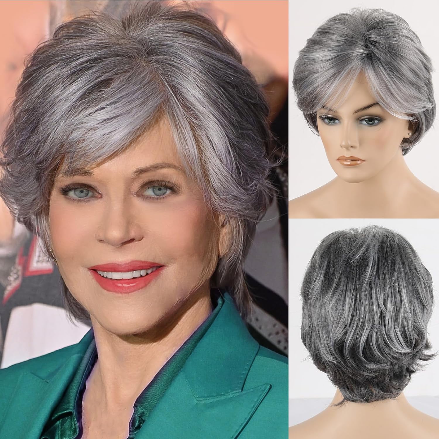 Short Silver Grey Wig Ombre Gray Pixie Cut Wigs for Women Synthetic ...