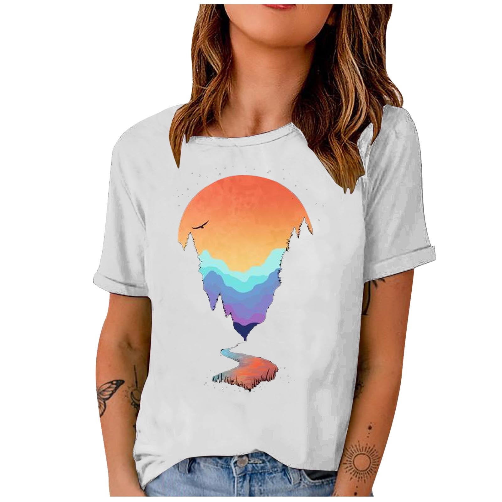 Short Sleeve Beach Tops Vintage Casual Tee Crewneck for Women Country ...