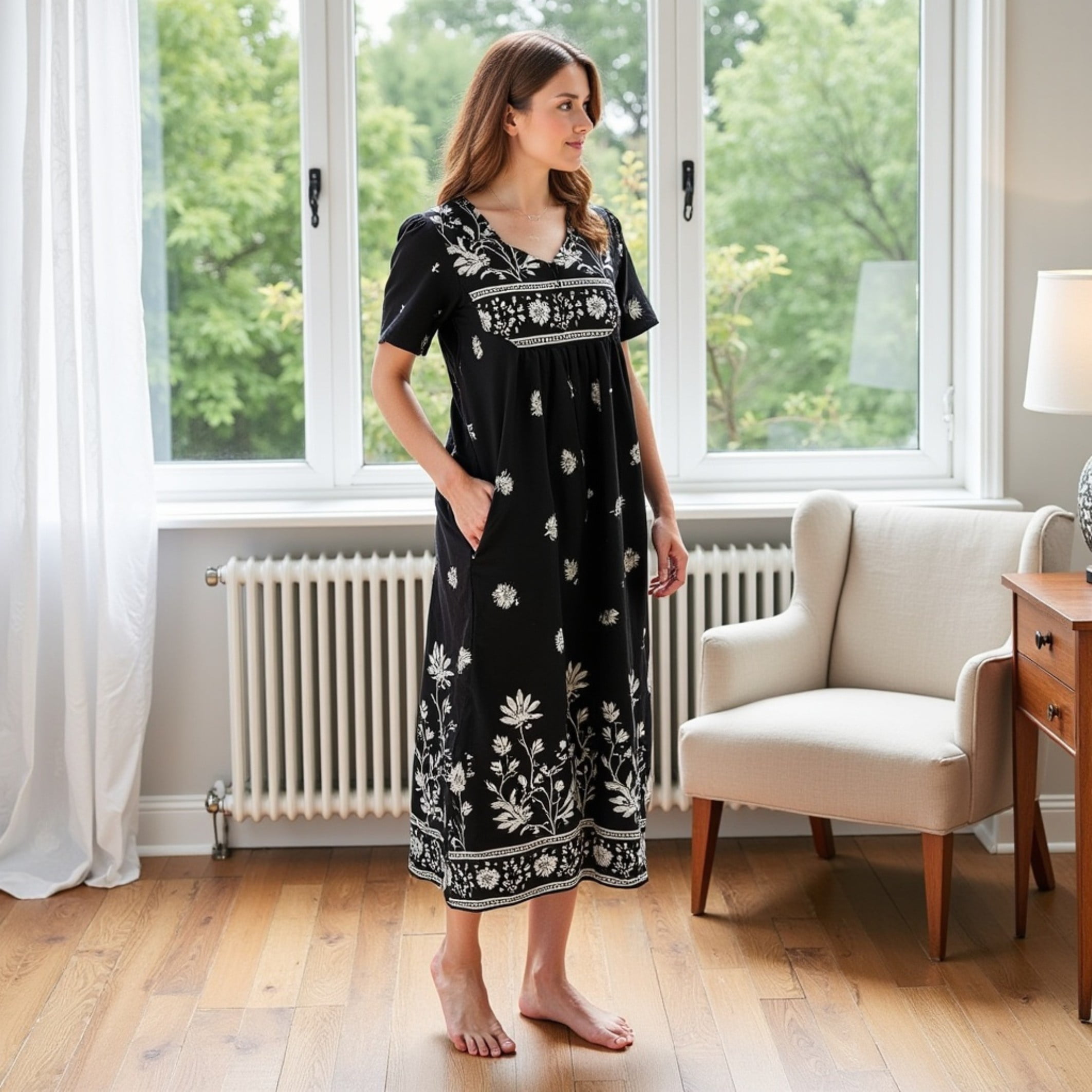 Loungees Cotton MuuMuu, Black Short Sleeve Nightgown with Pockets ...