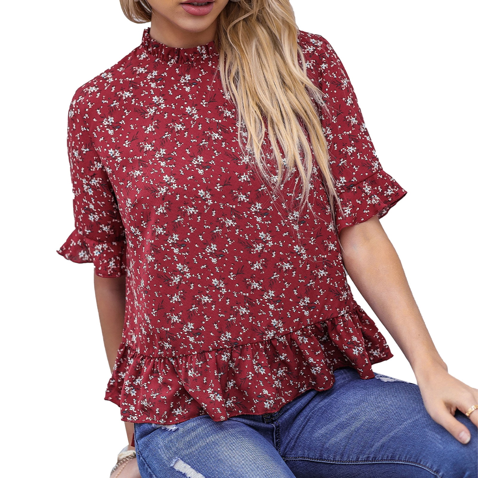 Short Sleeve Blouse Frill Trim Round Neck Ruffle Hem Cuffs Floral Print ...