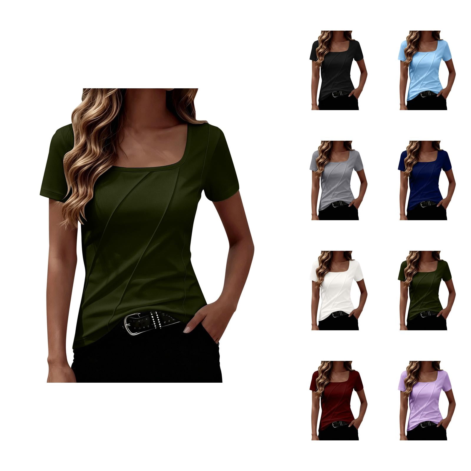 Short Sleeve Blouses for Women Summer Elegant Square Neck Pleated Front ...