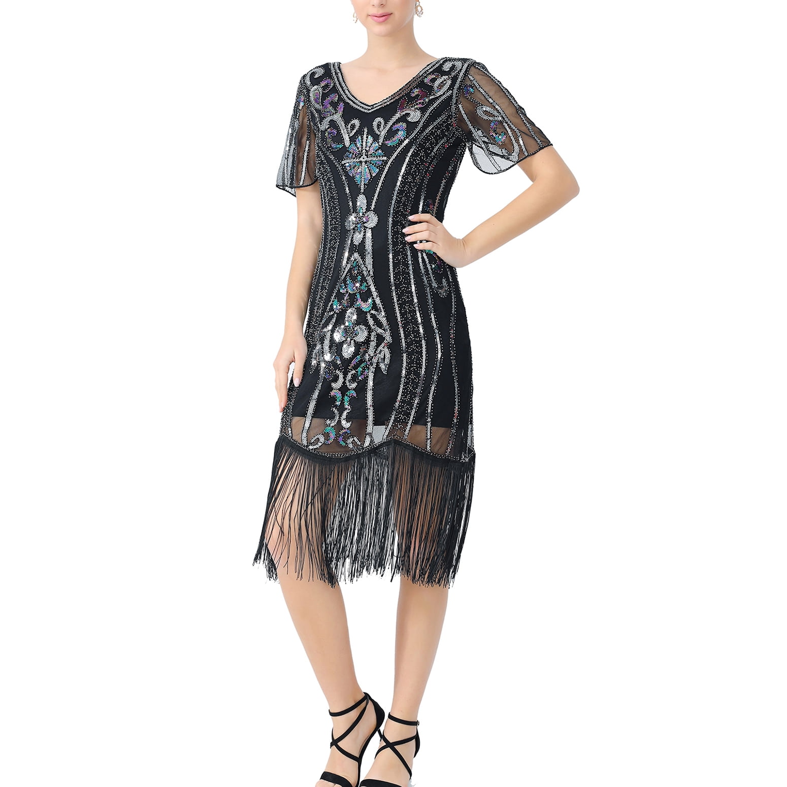 Short Sleeve Deco Beaded Fringe Flapper Sequin Flapper Dress Halloween ...