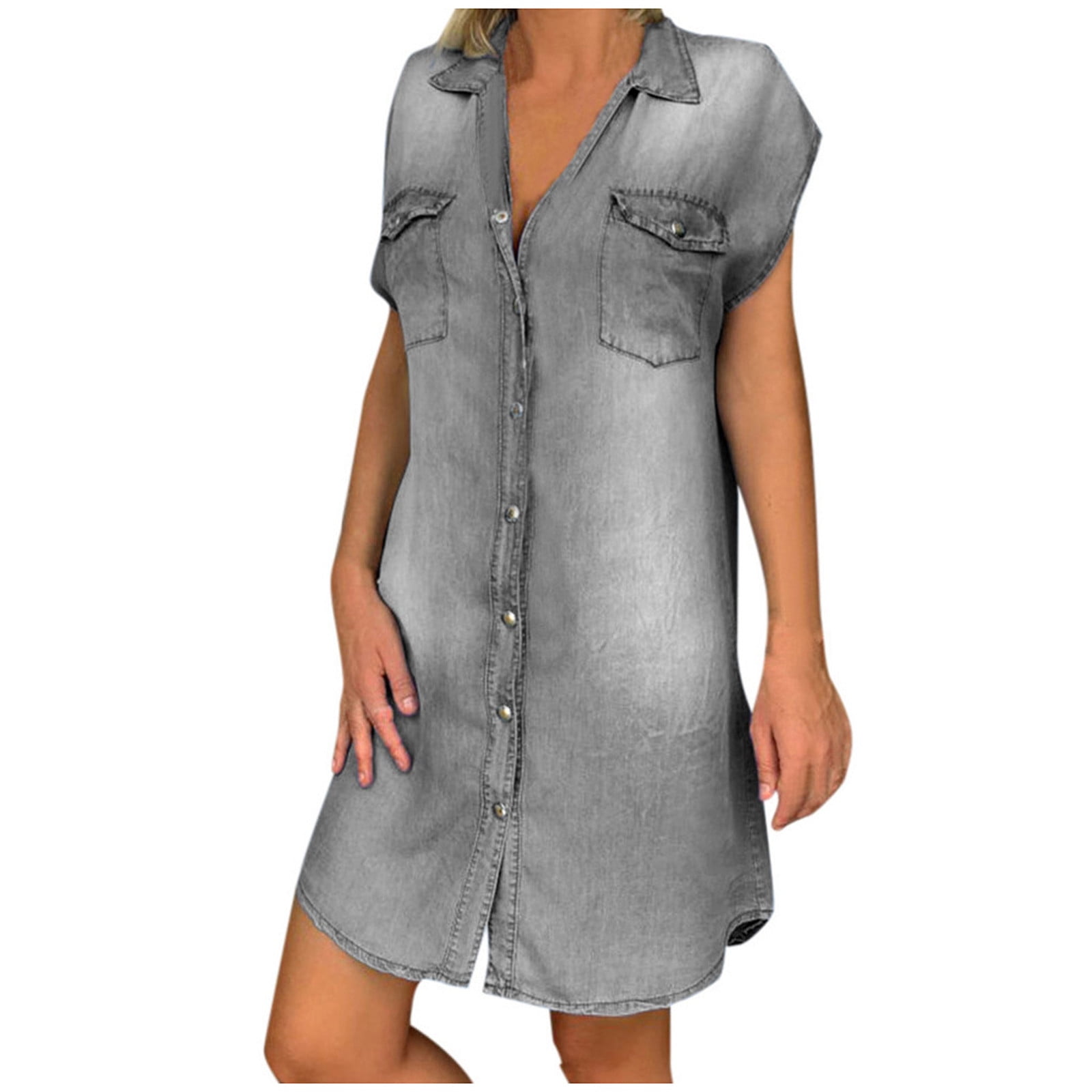 Short Sleeve Denim Dress for Women, Button V-Neck Short Dresses Loose ...