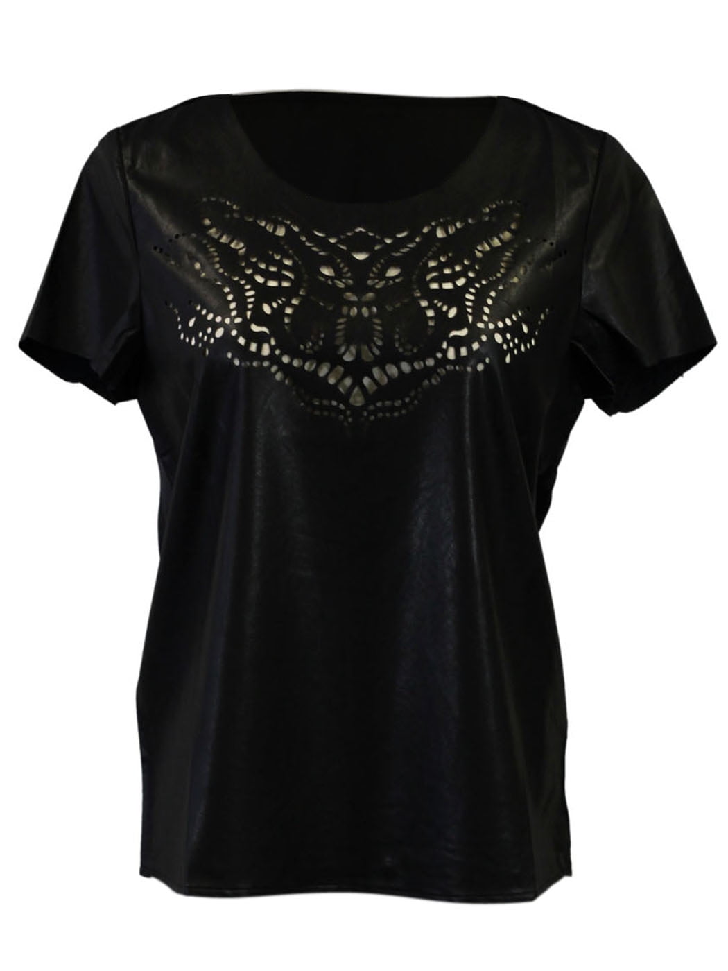 Short Sleeve Faux Leather Top With Lazercut Scoop Neckline Design ...