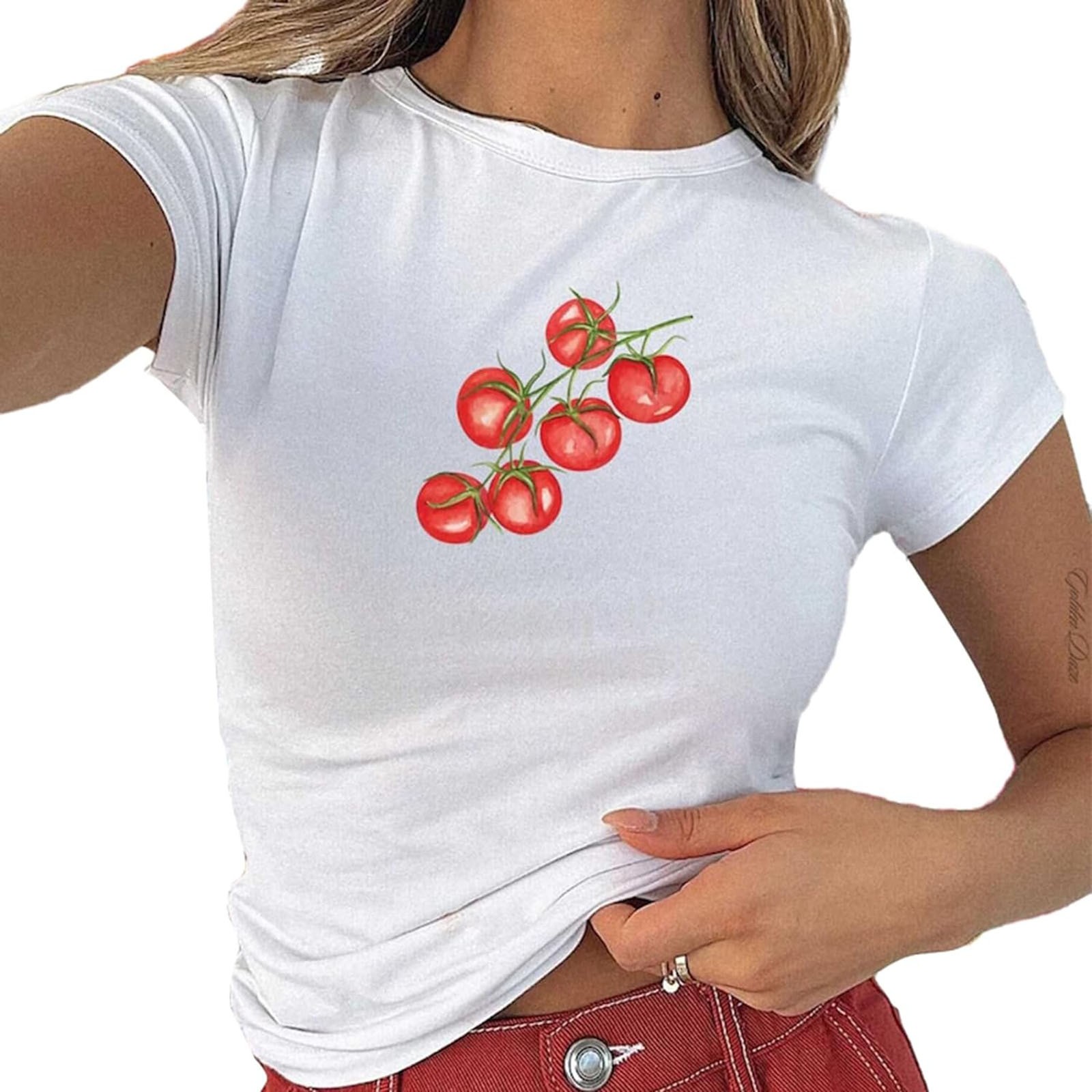 Short Sleeve Fruit Pattern Slim Fit Elastic Girls Cropped Tee Tops Cute ...
