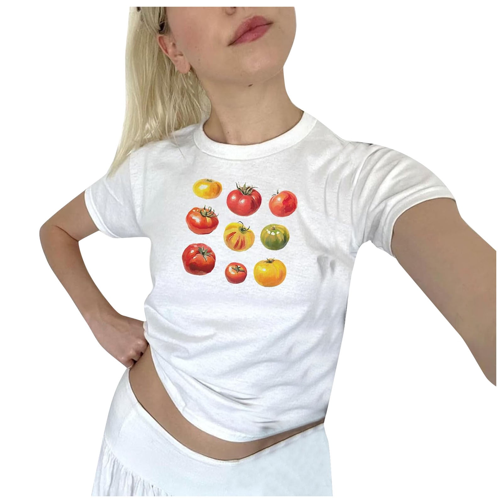 Short Sleeve Fruit Pattern Slim Fit Elastic Girls Cropped Tee Tops Cute ...