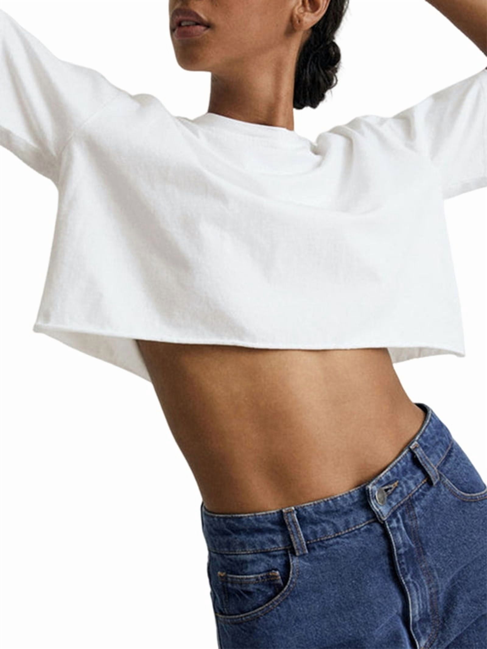 Short Sleeve Loose Crop Top Women Crew Neck Crop Shirt Drop Shoulder ...