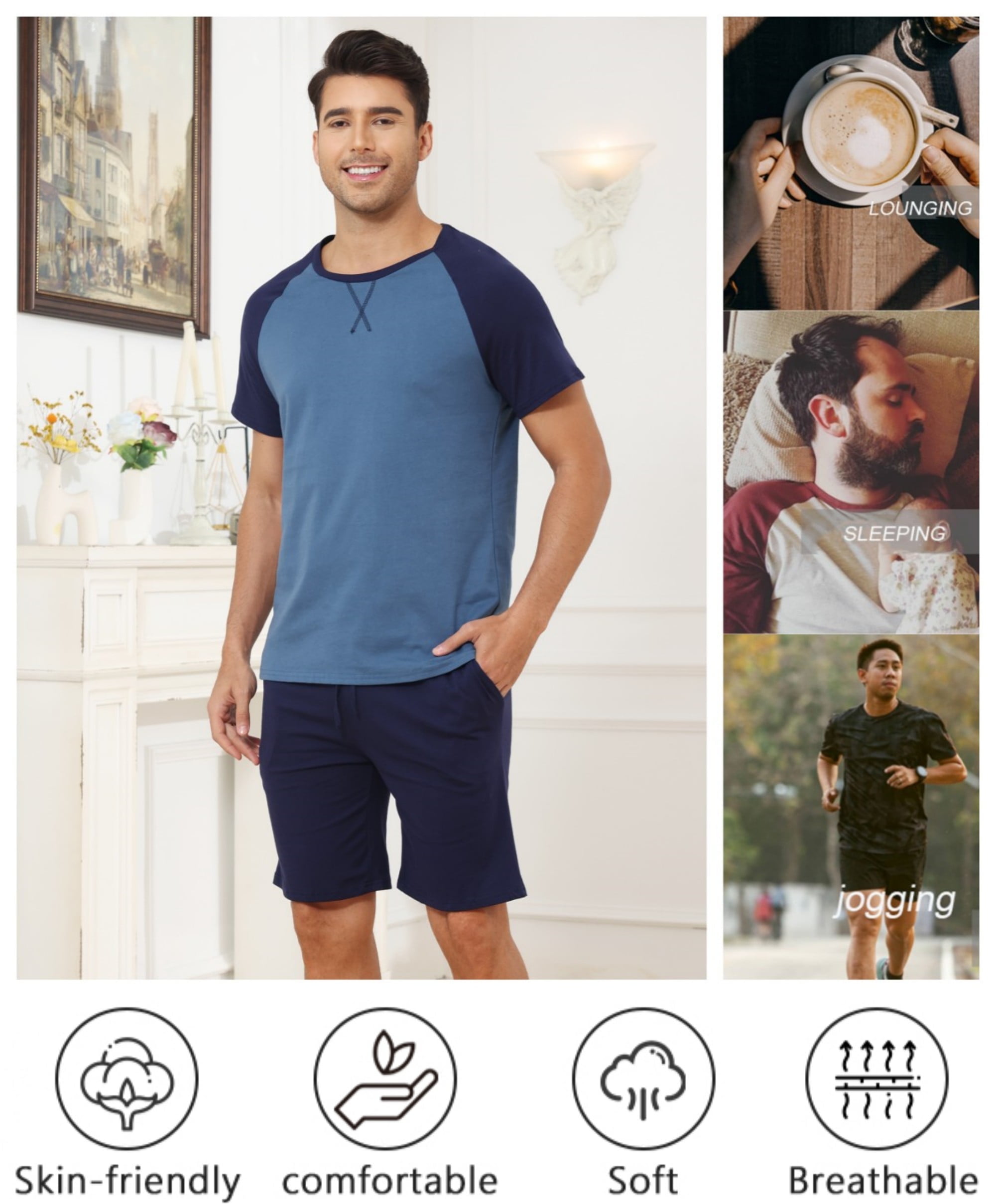 Short Sleeve Pajama Sets for Men 2 Piece Mens Short Pajamas Sets with ...