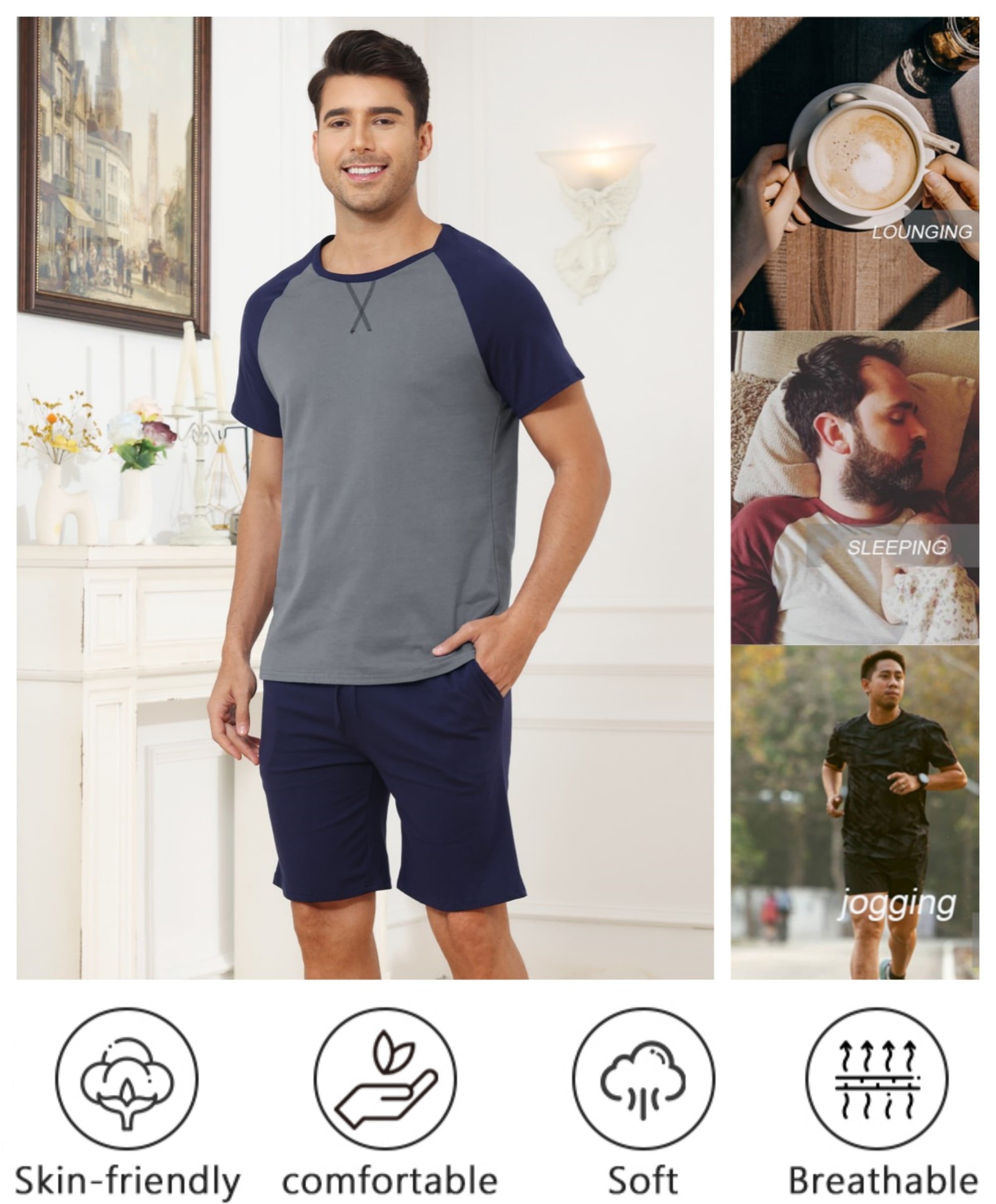 Short Sleeve Pajama Sets for Men 2 Piece Mens Short Pajamas Sets with ...