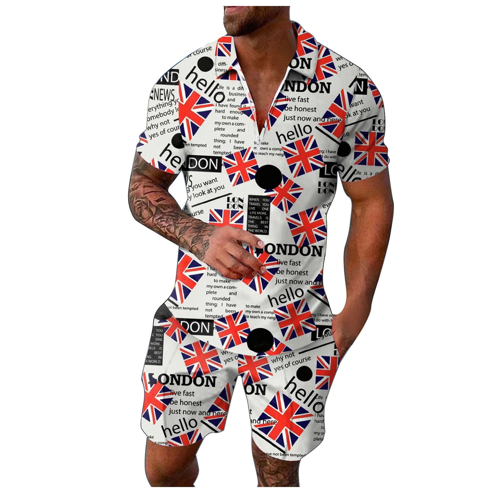 Short Sleeve Polo Shirt And Shorts Set For Men Baggy Henley Tracksuit