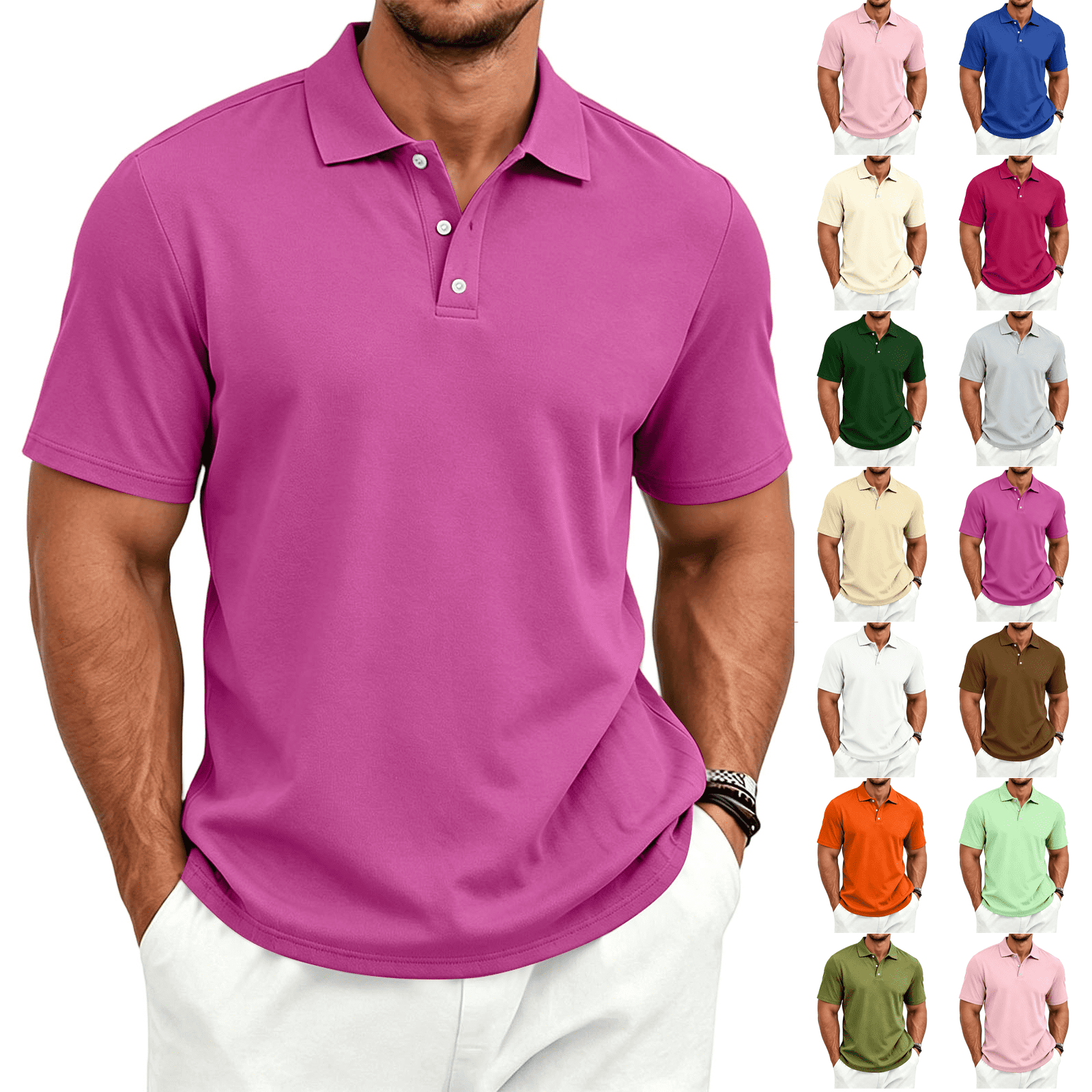 Short Sleeve Polo Shirts Men's Casual Classic Button Basic Shirt Solid ...