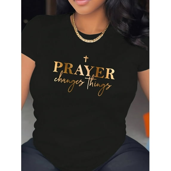 Short Sleeve Prayer Print Crew Neck T-Shirt for Spring & Summer, Casual ...