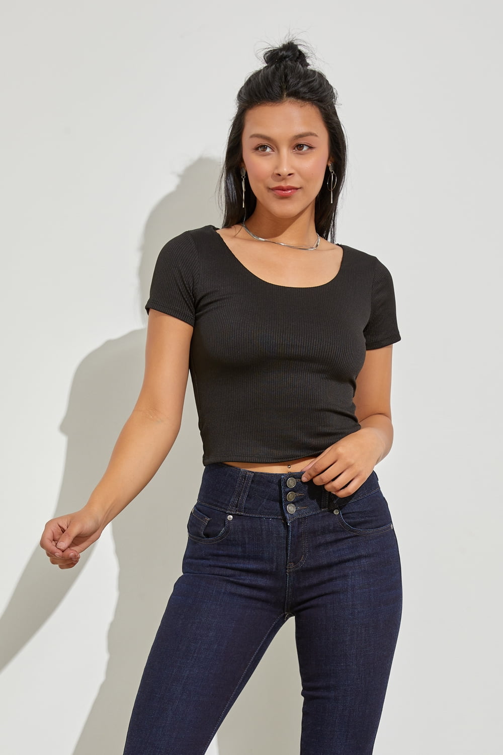 Short Sleeve Ribbed Scoop Neck Basic Top_RT49721 - Walmart.com