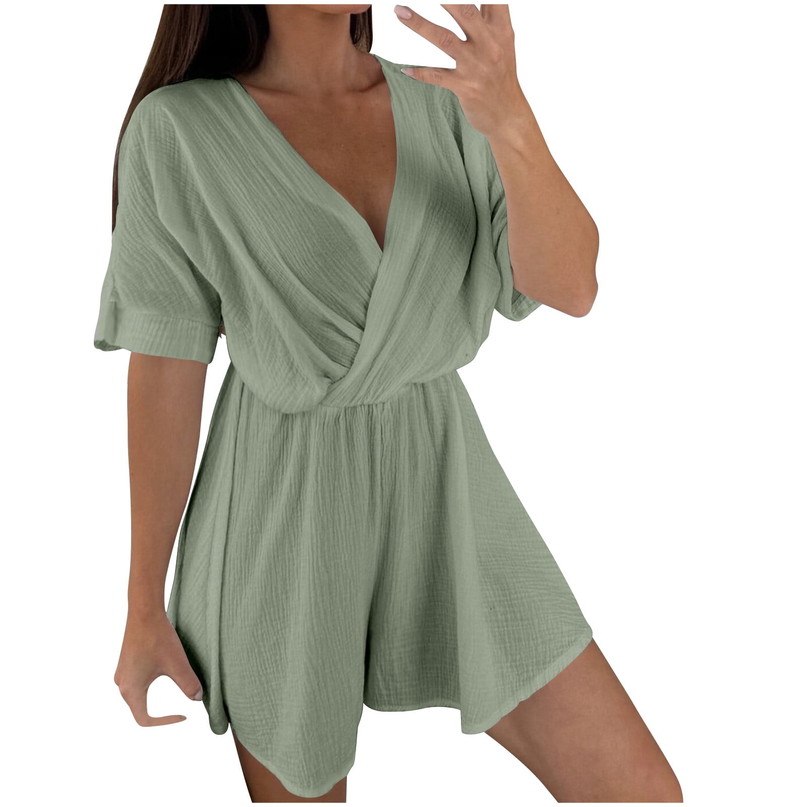 Short Sleeve Rompers for Women Wrap V-Neck Wide Leg Shorts Women's ...