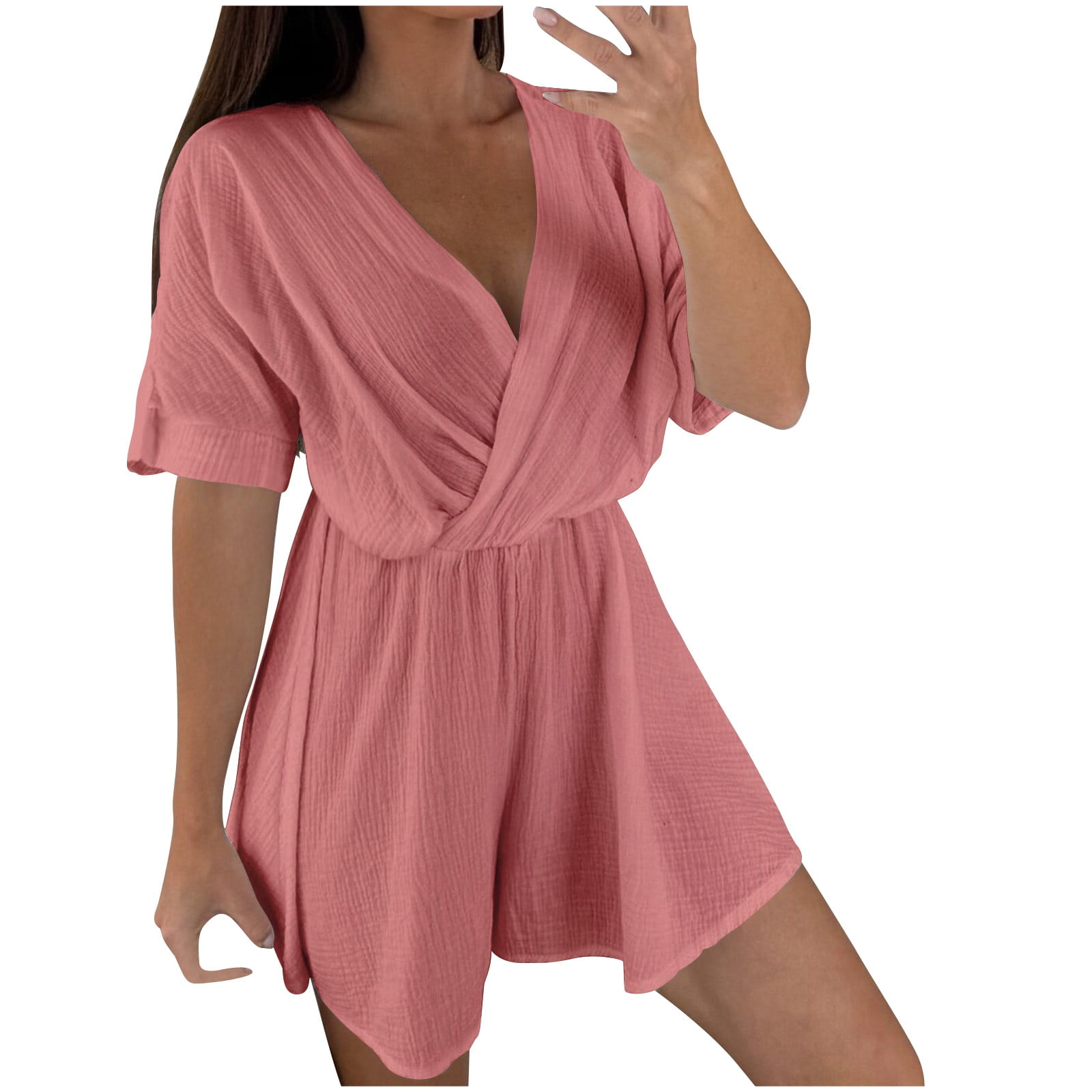 Short Sleeve Rompers for Women Wrap V-Neck Wide Leg Shorts Women's ...