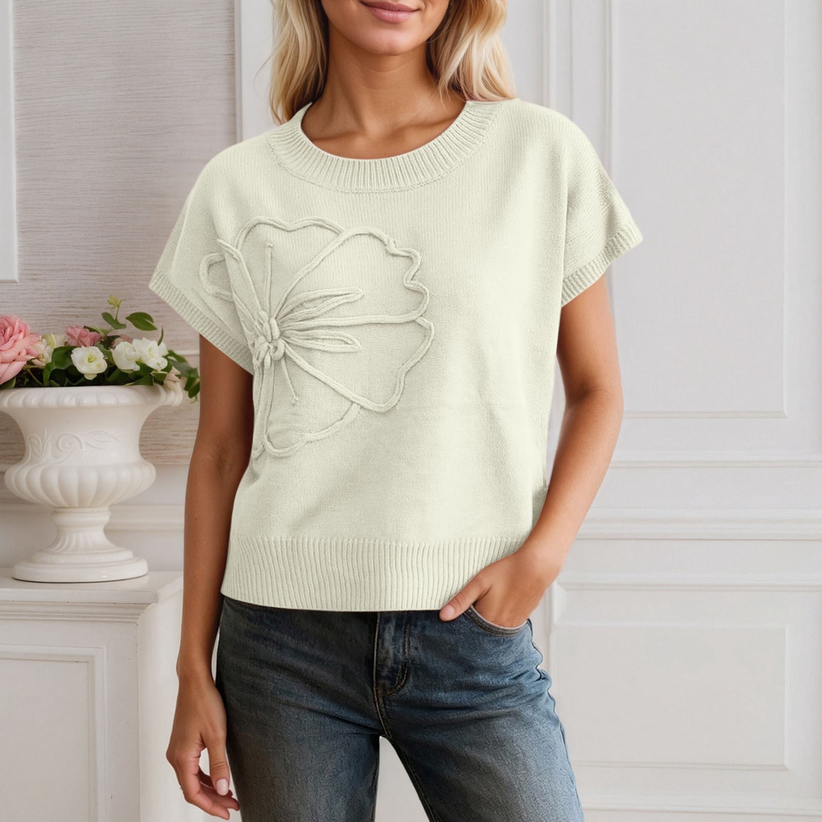 Short Sleeve Sweater for Women Flower Embroidered Knit Pullovers Tops ...