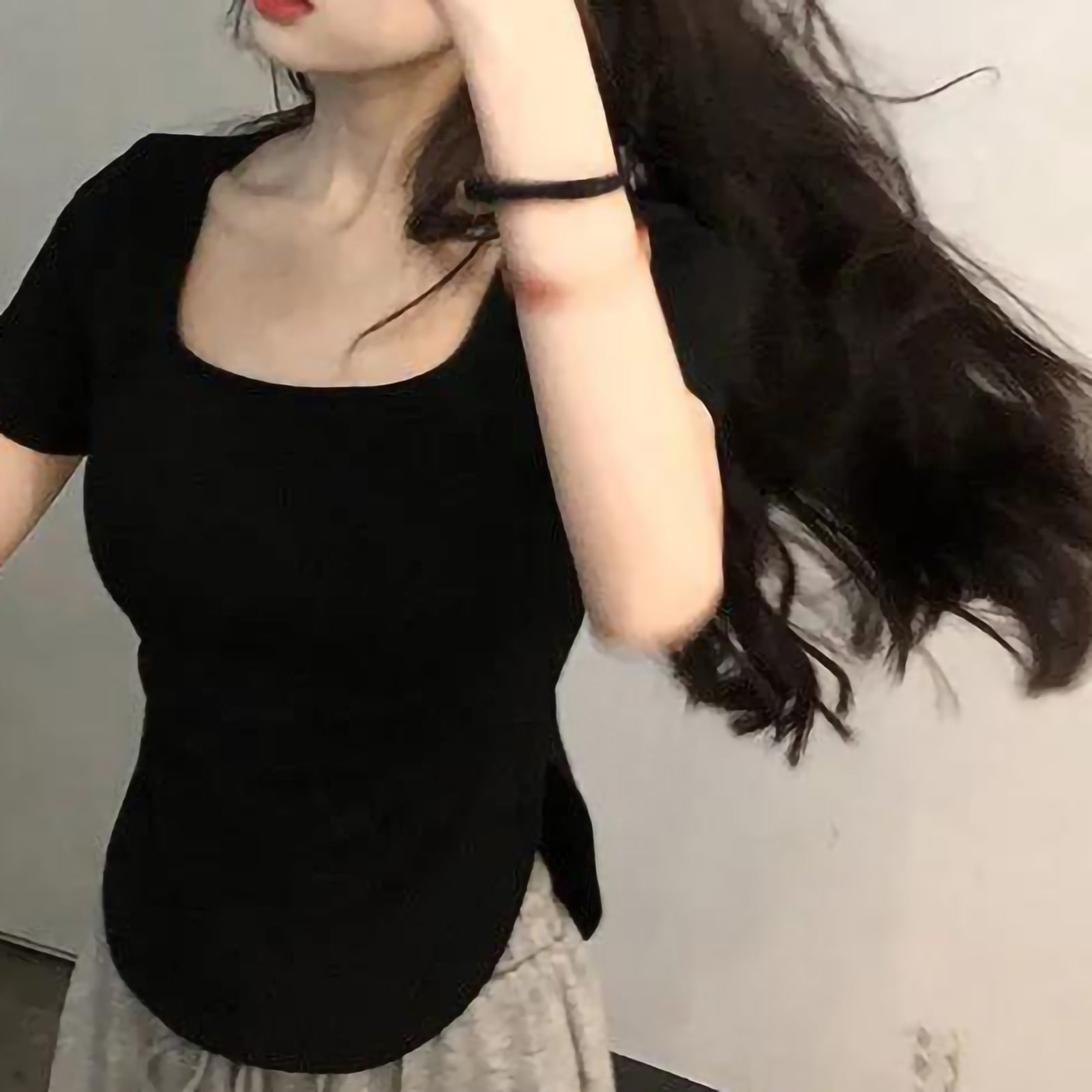 Short Sleeve T Shirt Slim Fit Casual Square Neck Seamless Basic Blouse ...