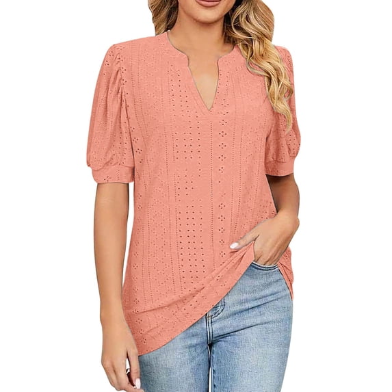 Short Sleeve Tops for Women Casual Blouses V Neck Shirts Eyelet Cute ...