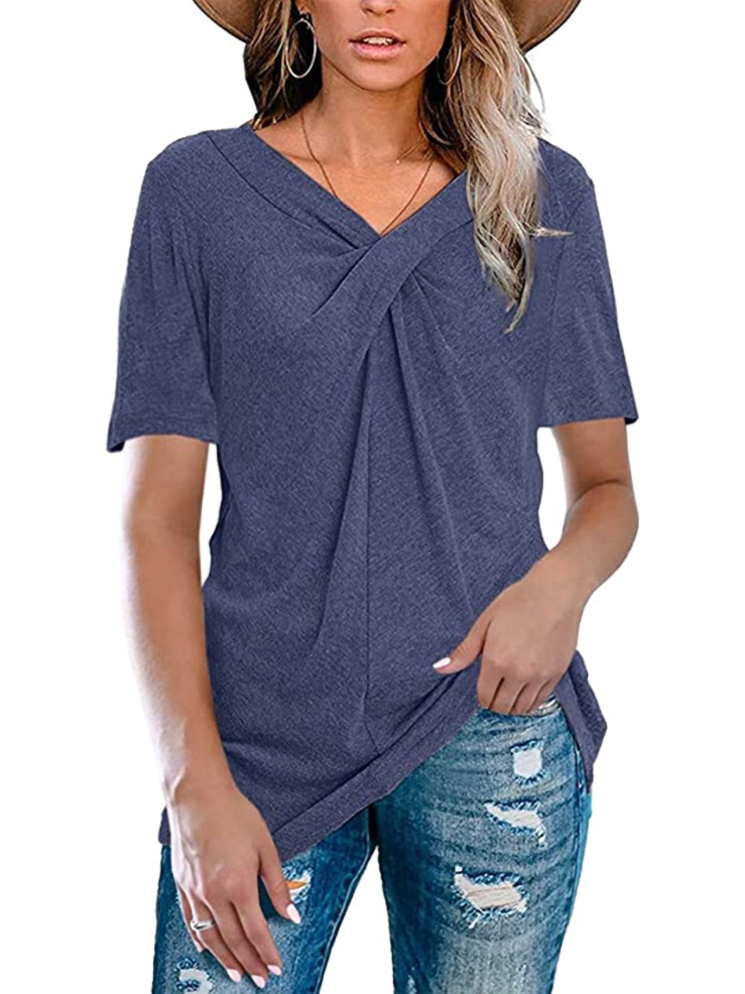 Short Sleeve Tunic Tops for Women Sexy V Neck Cross Knot T Shirt Summer ...