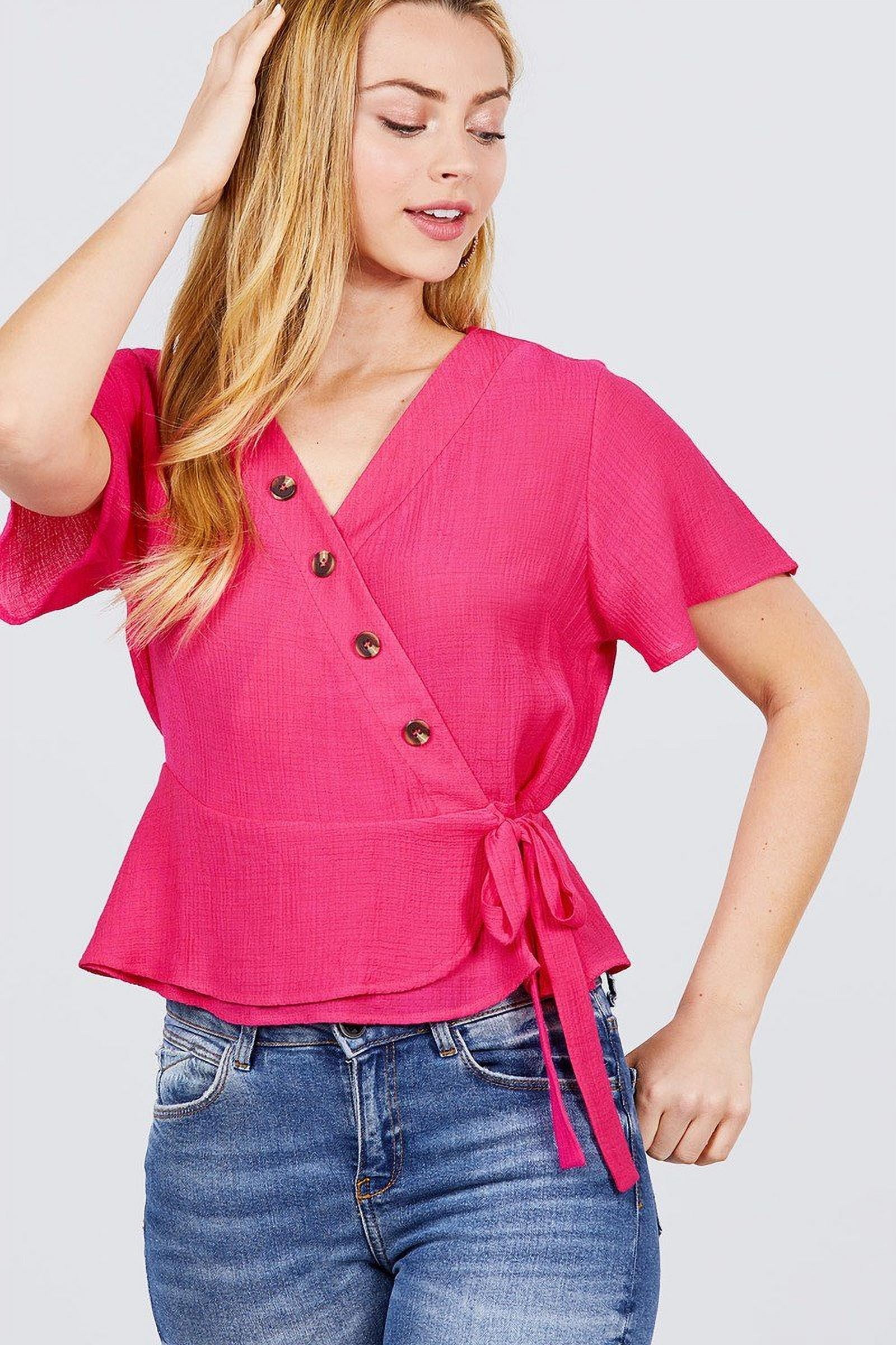 Short Sleeve V-neck Surplice Button Down Detail Ribbon Tie Back ...