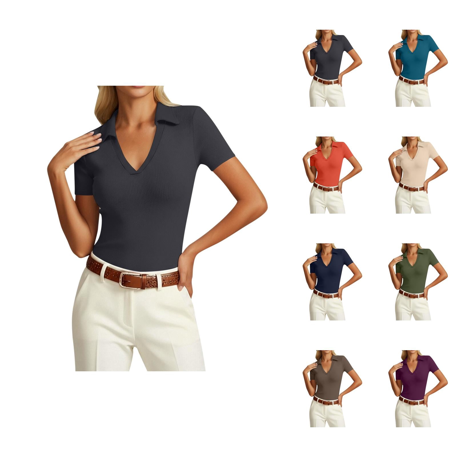 Short Sleeve Work Shirts for Women 2026 Summer V Neck Ribbed Slim ...