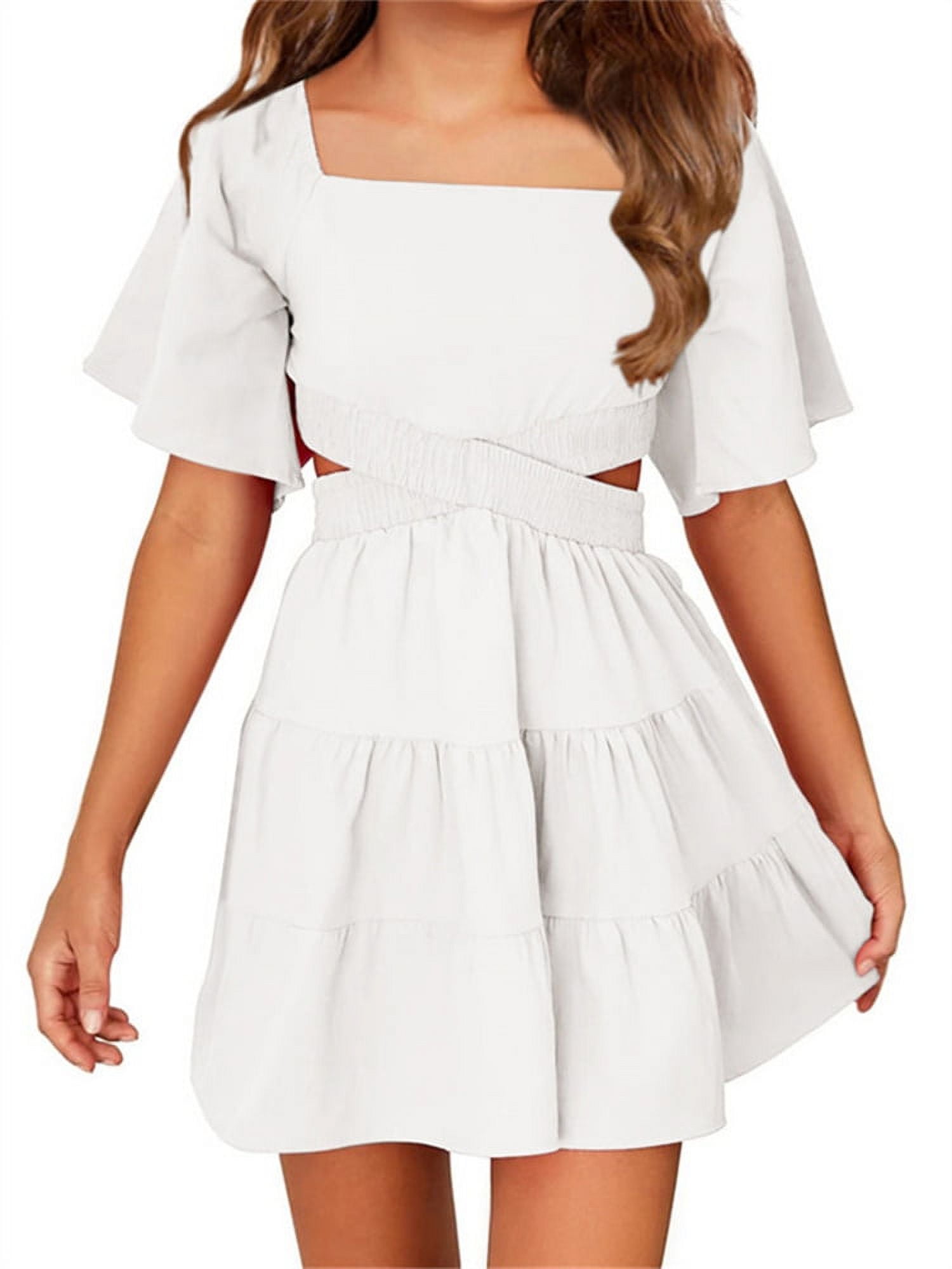 Short Sleeved Kids Square Neckline Girls Hollow Cut Mini Dress ...