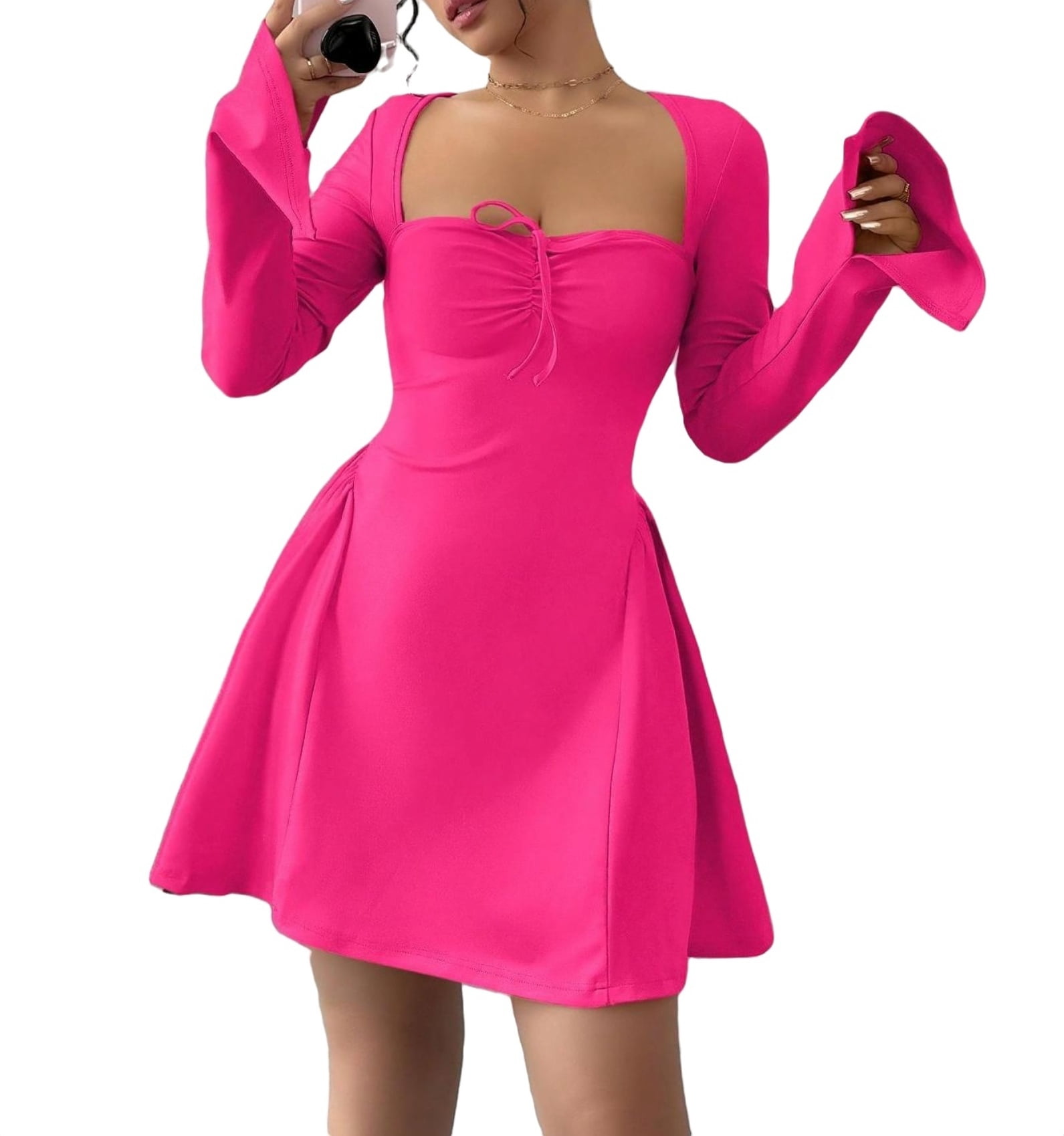 Short Solid Dress with High Elasticity, Chest Pleat and Side Design ...