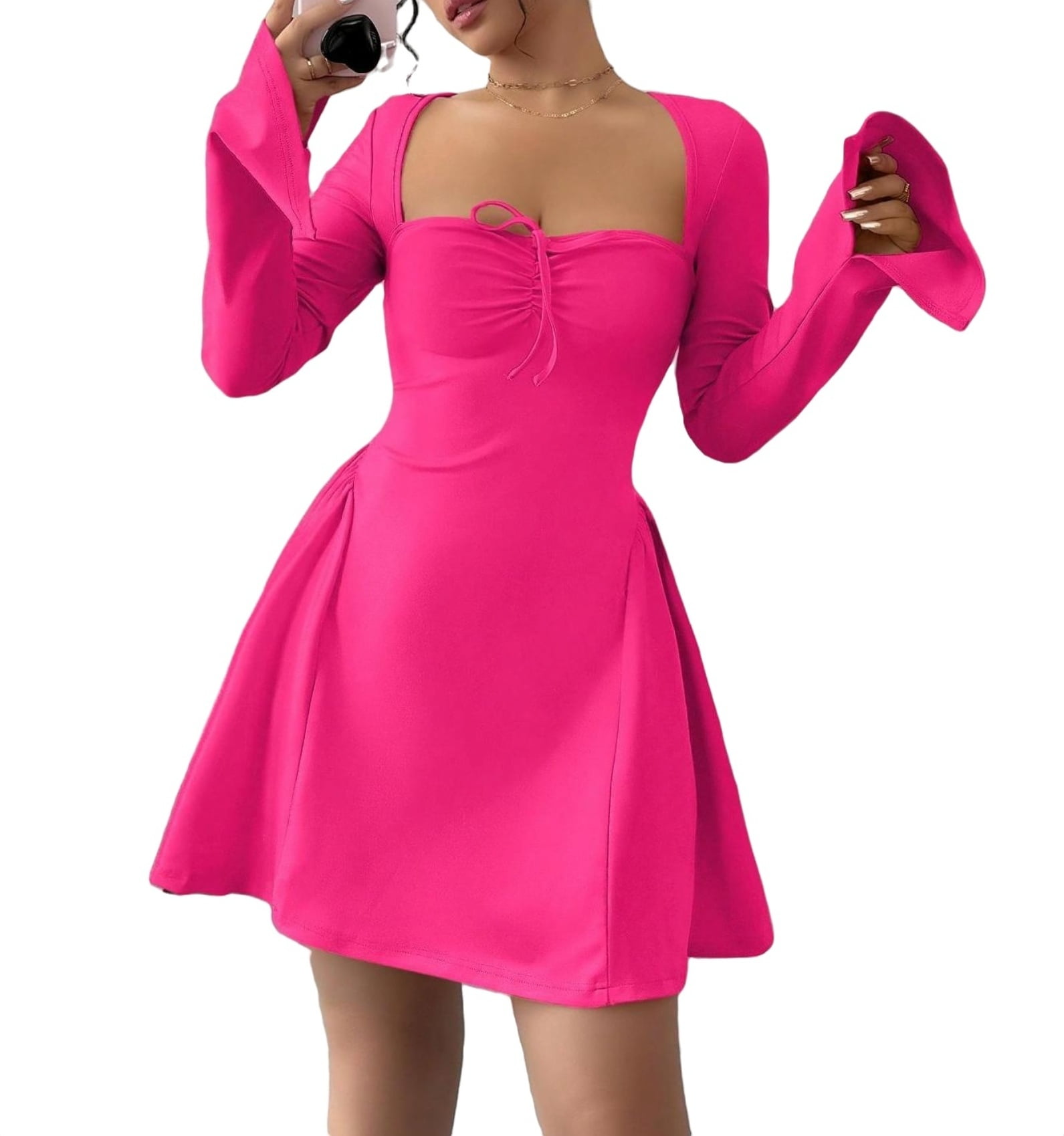 Short Solid Rose Pink Long Sleeve High Stretch Womens Dress with Chest Pleats and Side Design ...