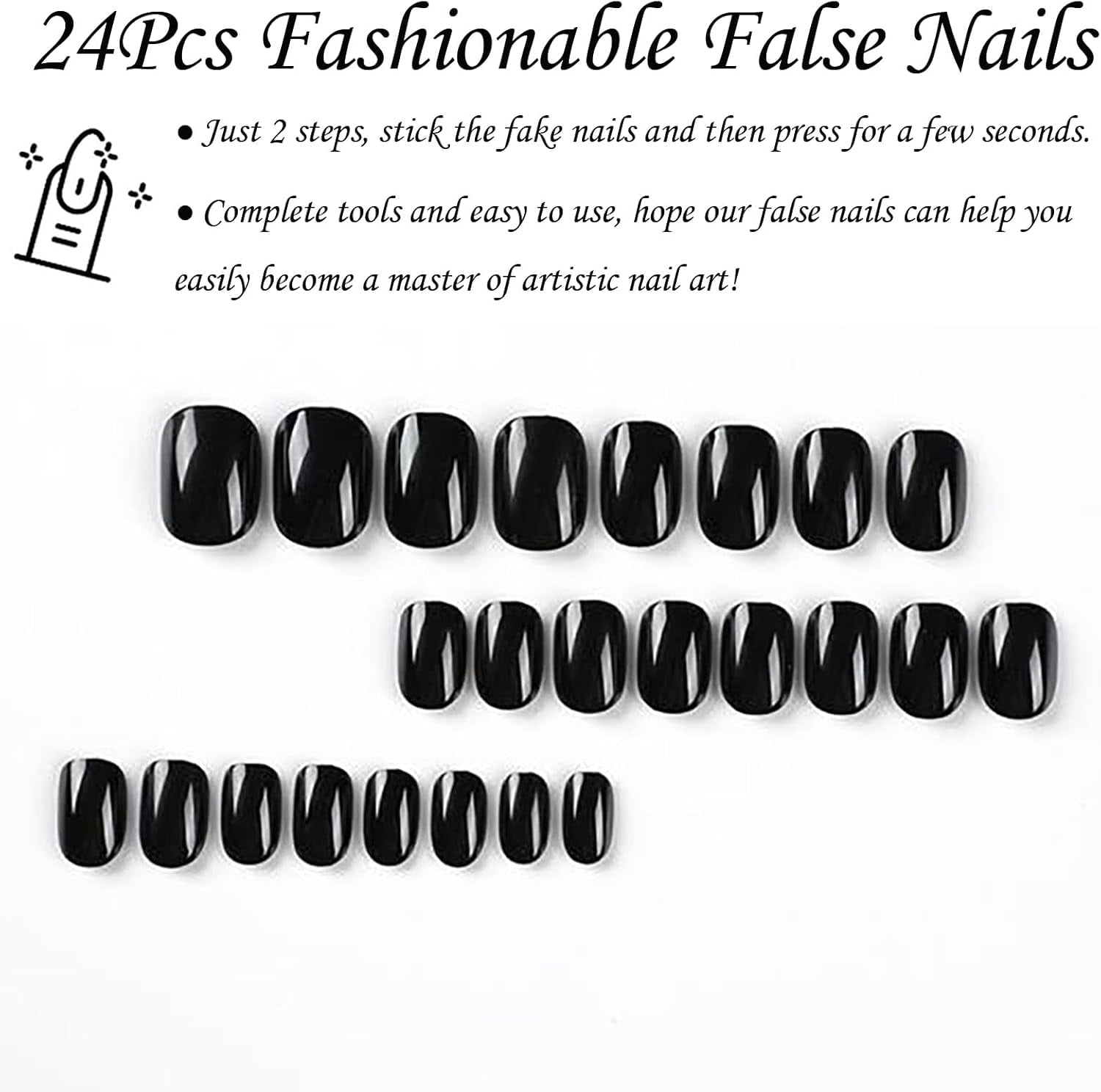 Short Square Black False Nails, Glossy Fake Nails, Reusable Full Cover ...