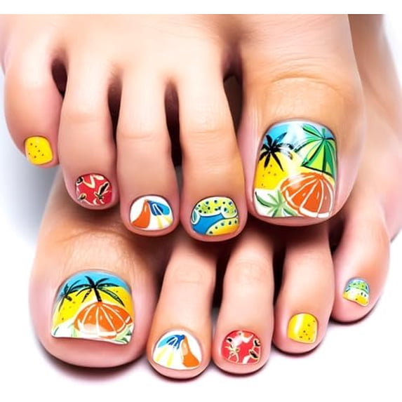 Short Square Press Toenails Summer Beach Nails with Designs Shell Glue ...