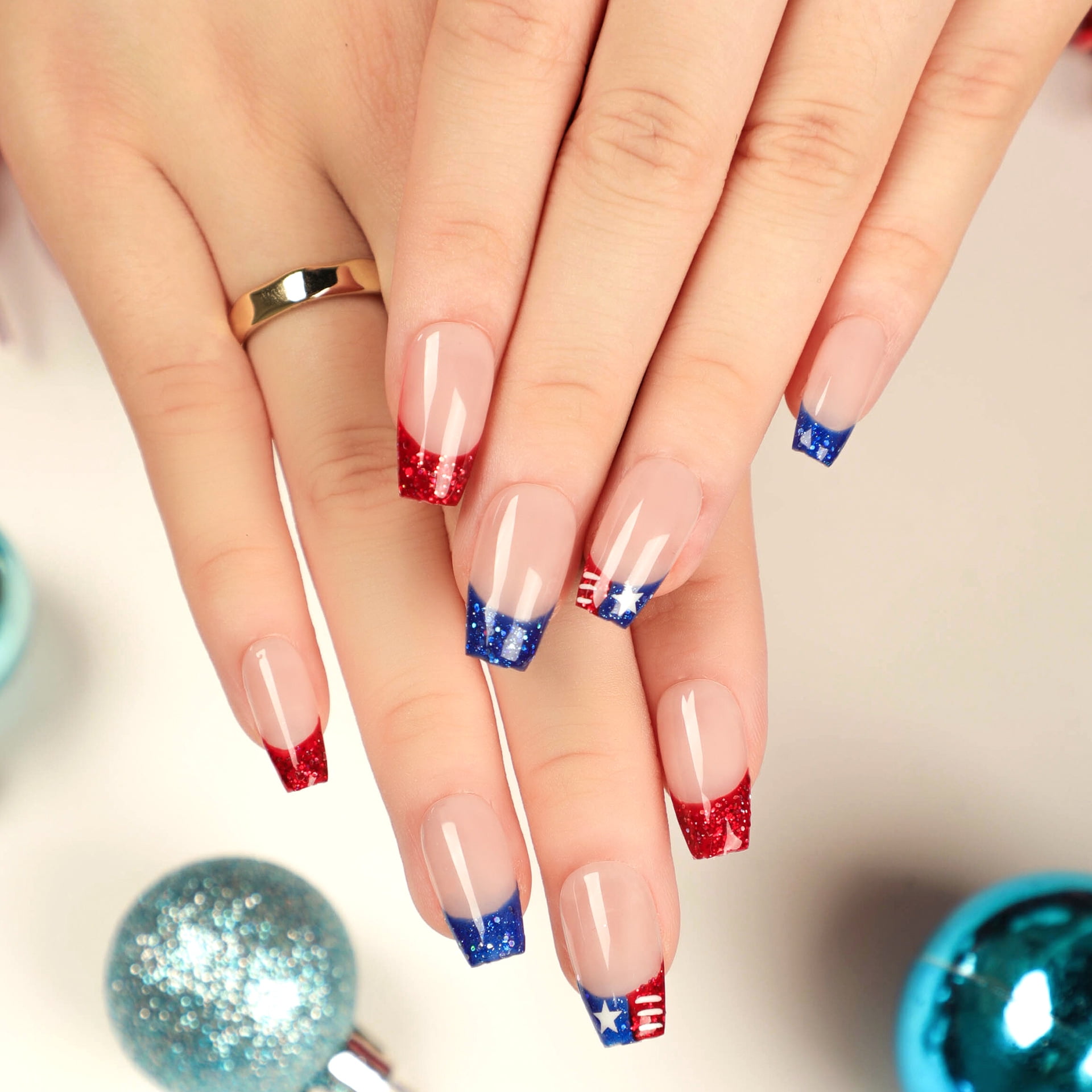 Short Square Press on Nails Glitter French Tip False Stick on Nail ...
