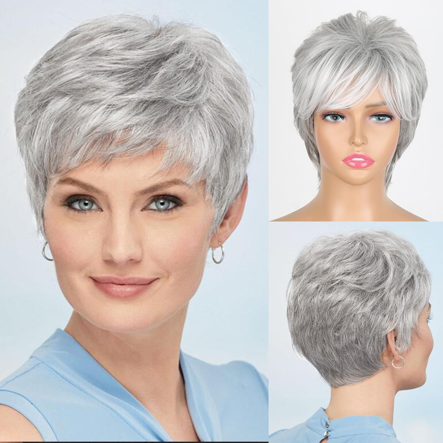 Short Stright Grey Pixie Cut Hair Wig With Bangs for Women Straight ...