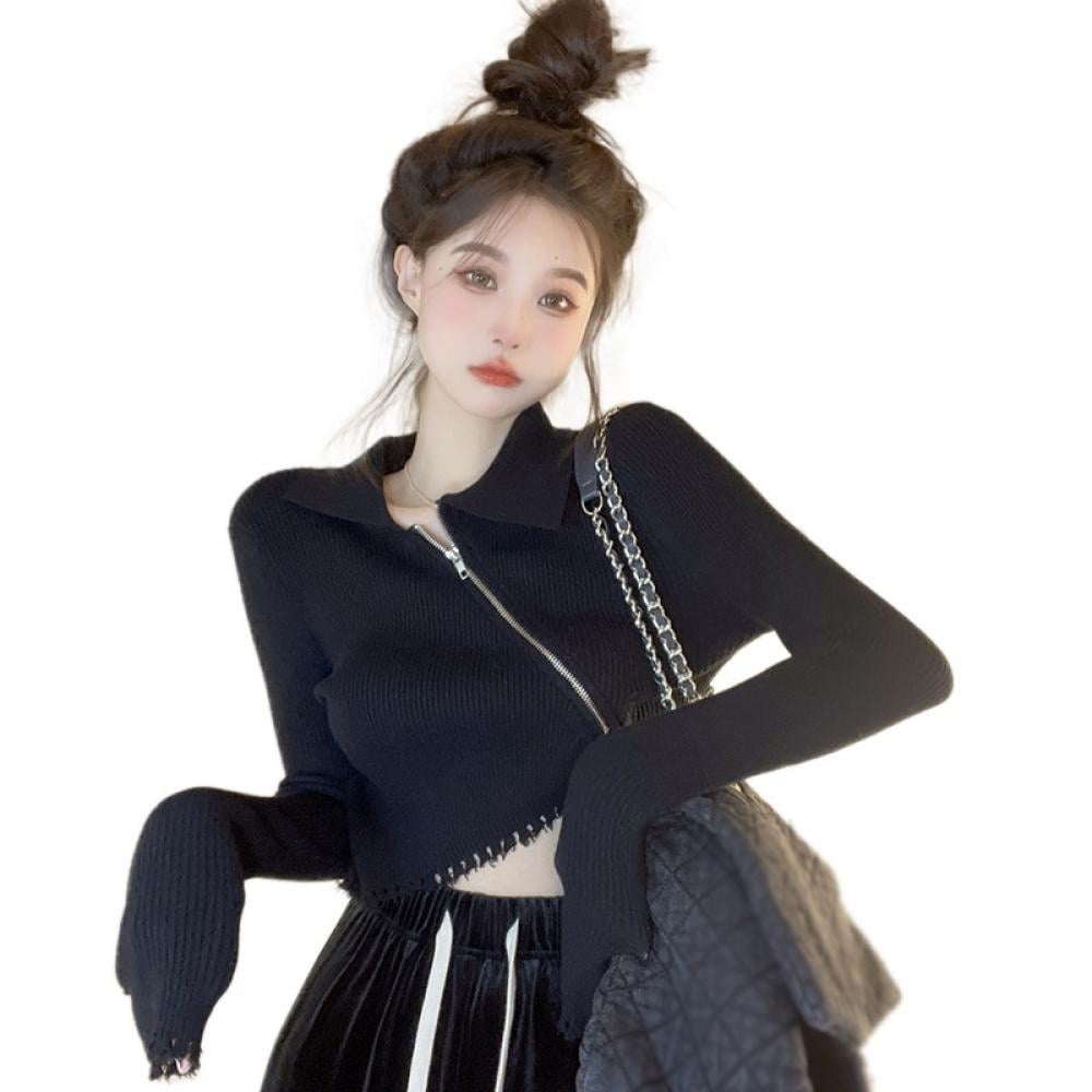 Short Sweater Women's Knitted Tops Zipper Irregular Solid Color Long ...