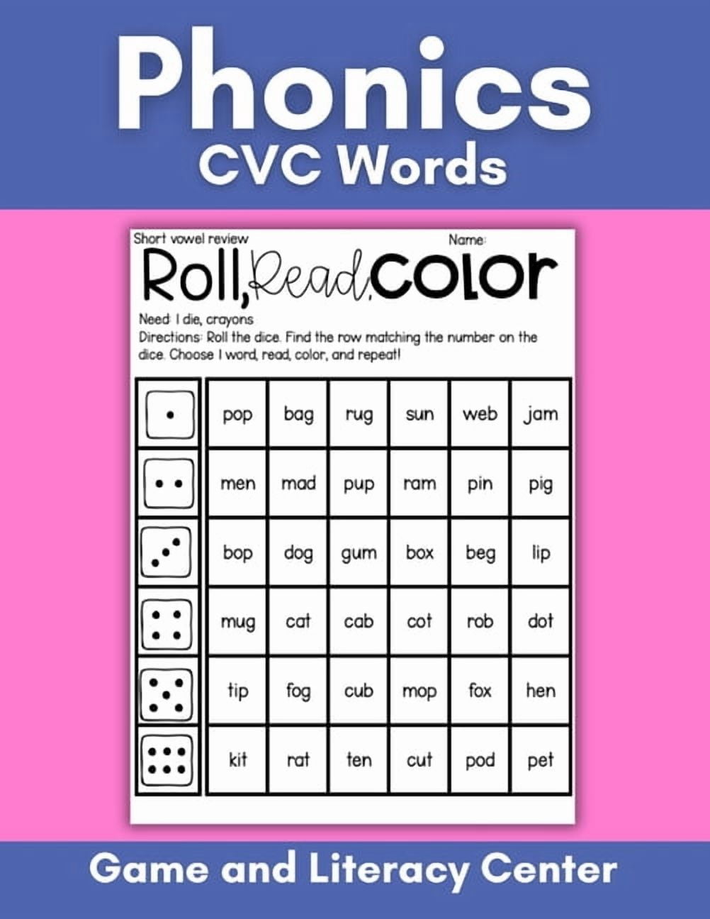 Short Vowel CVC Words Phonics Game and Literacy Center: Phonics Roll ...