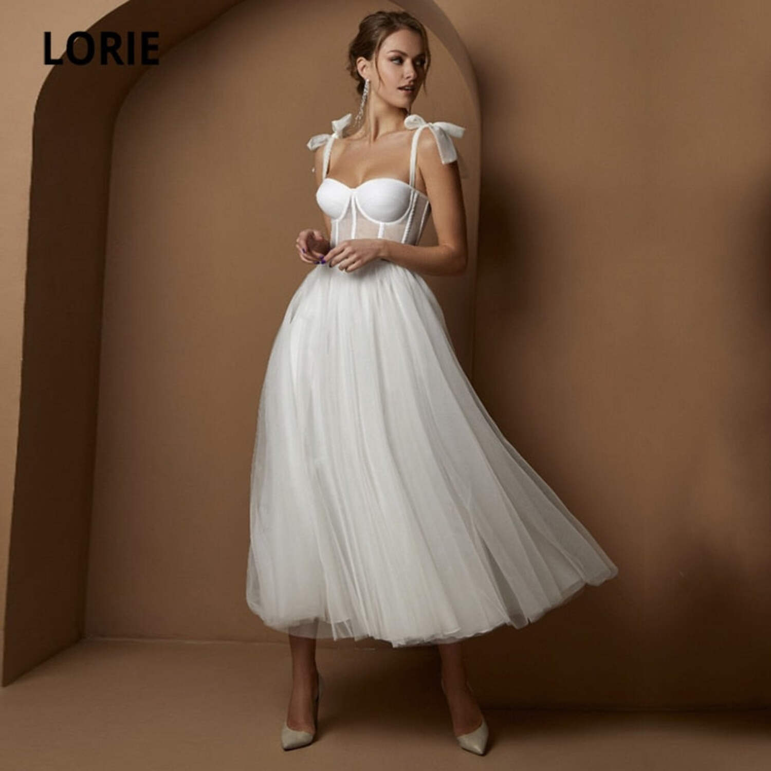 Short Wedding Dresses Modern Boning Spaghetti Strap A Line Tea Length ...