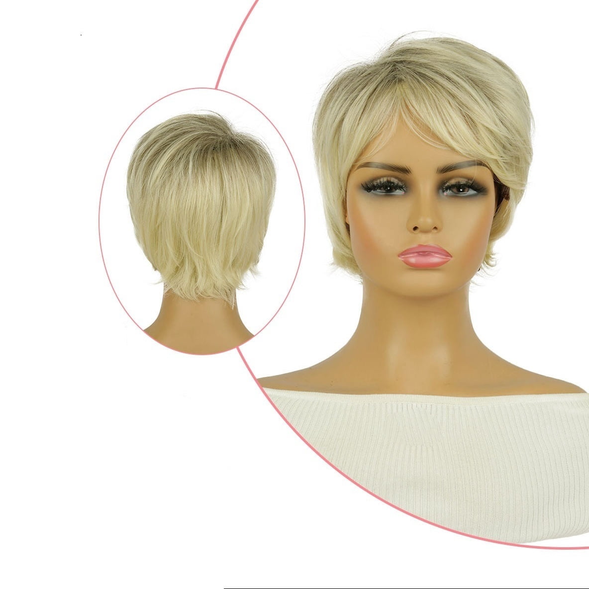 Short pixie gradient pink wig female bob full headset fashionable and ...